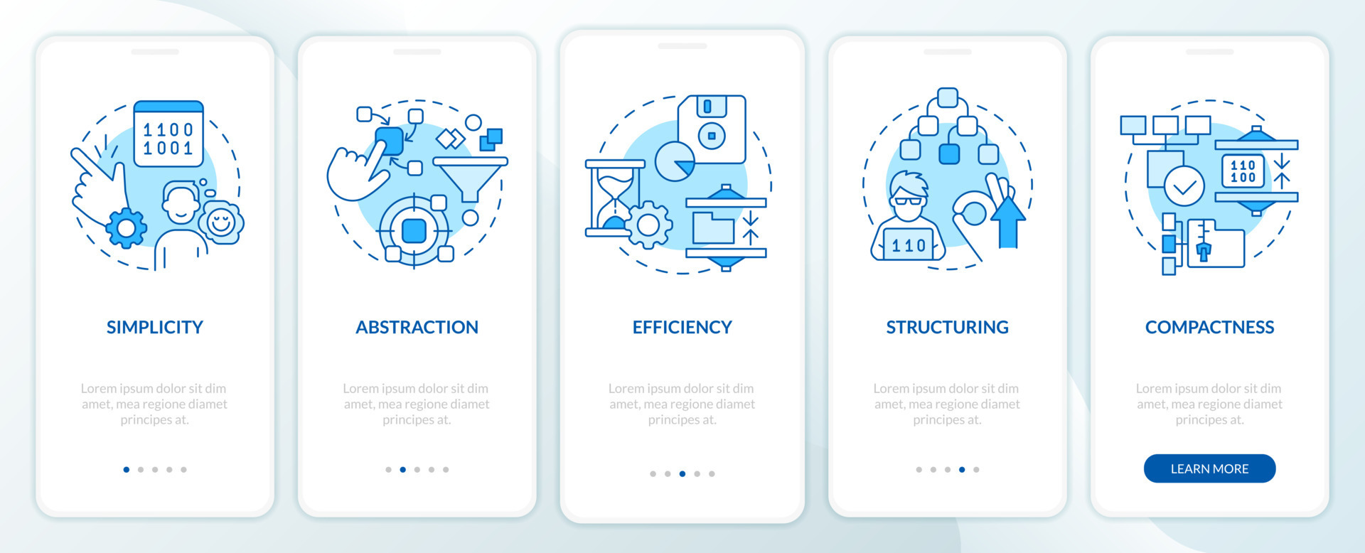 Features Of Programming Languages Blue Onboarding Mobile App Screen Walkthrough 5 Steps Graphic