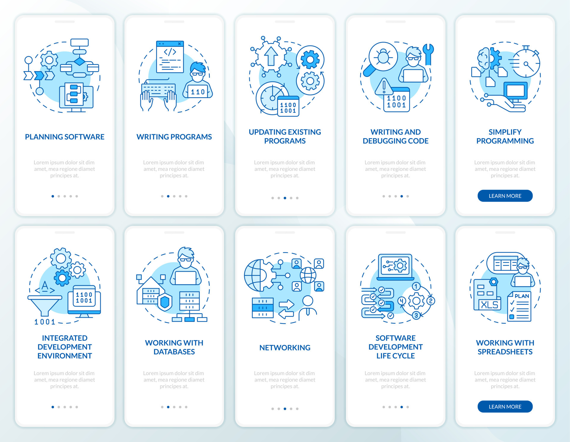 Professional Programmer Skills Blue Onboarding Mobile App Screen Set Walkthrough 5 Steps