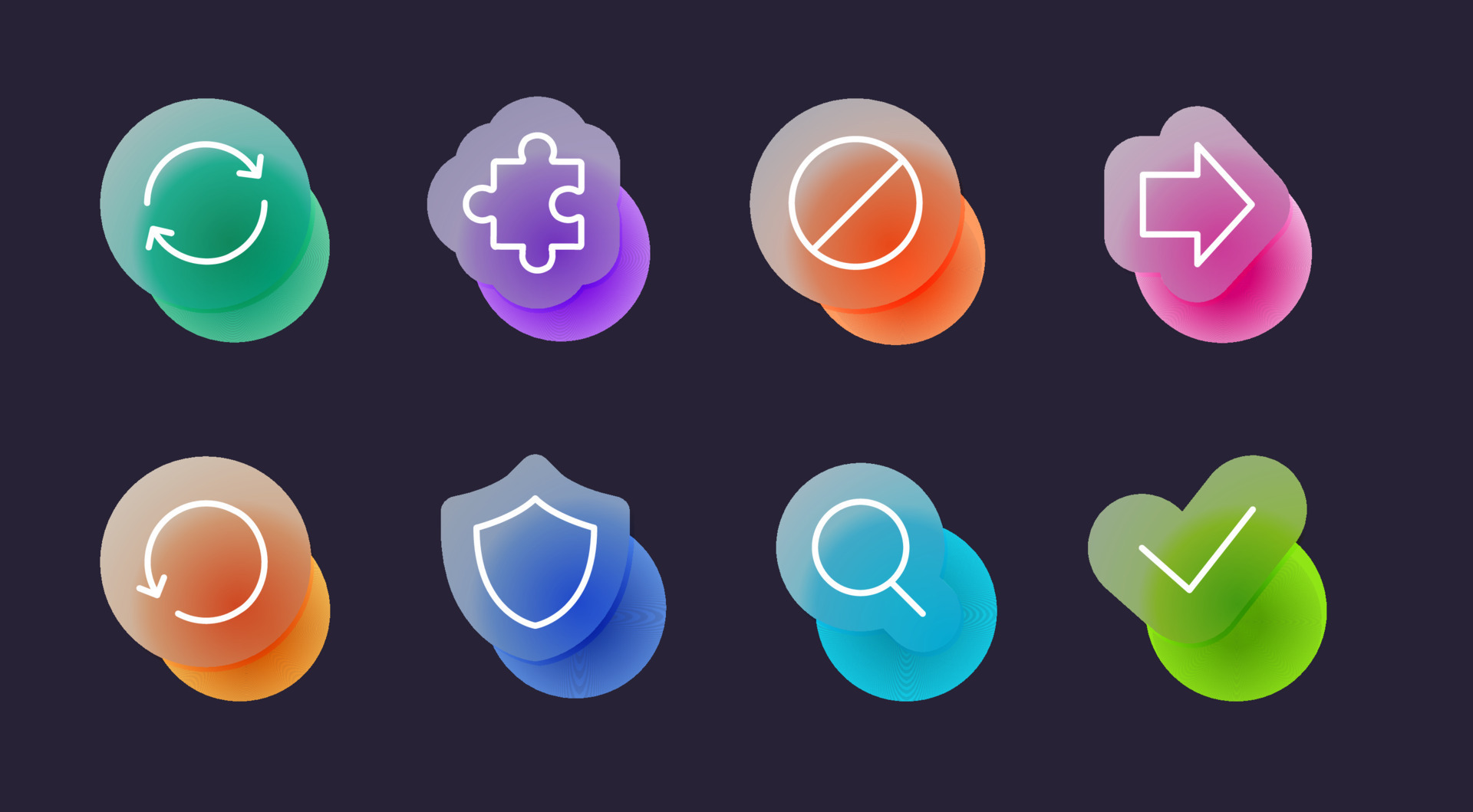 Basic icons set in glassmorphic style on dark background. Transparent blur glass effect icons ...