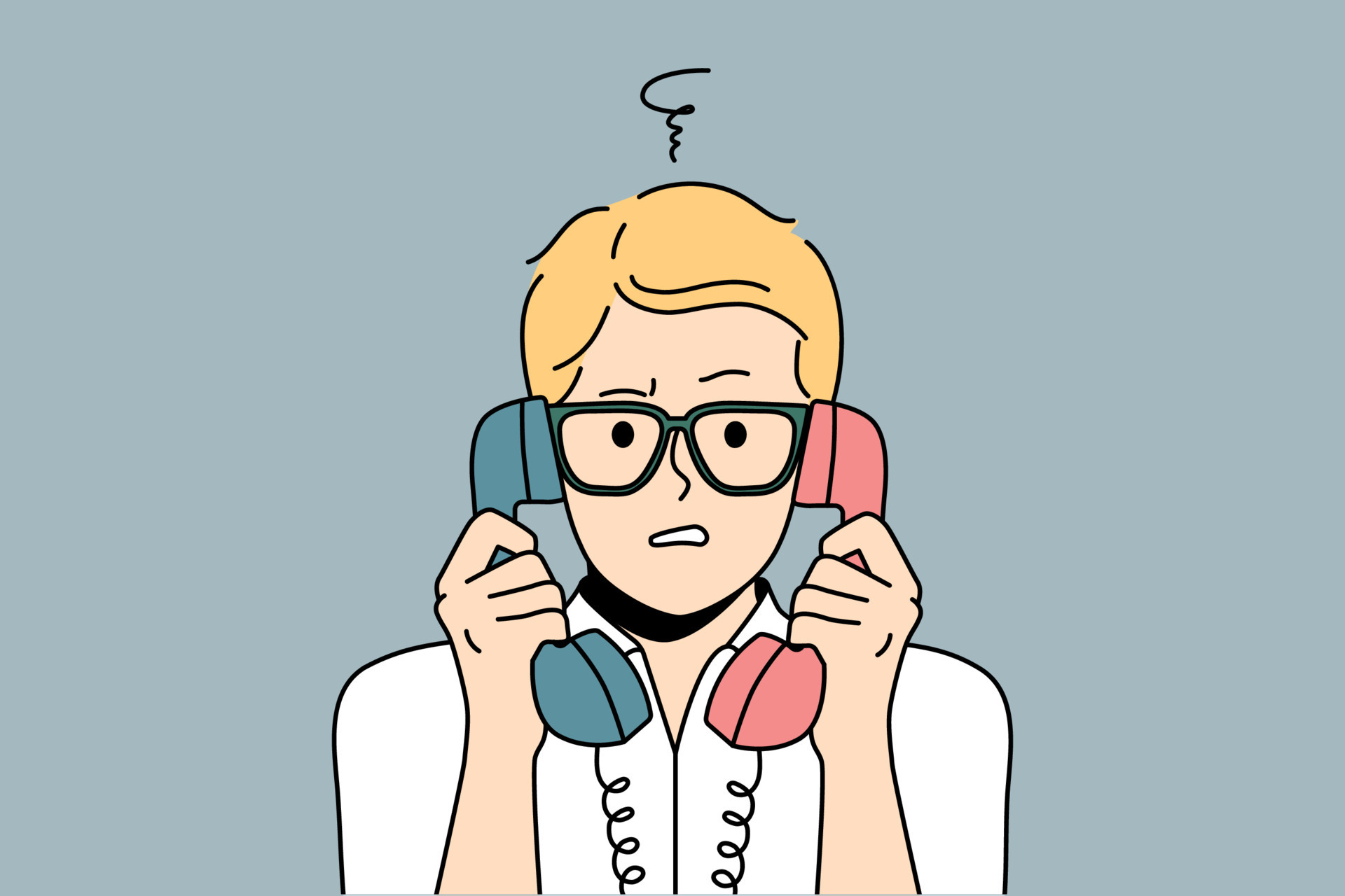 Confused Man With Landline Phones Headsets Feel Frustrated Talking