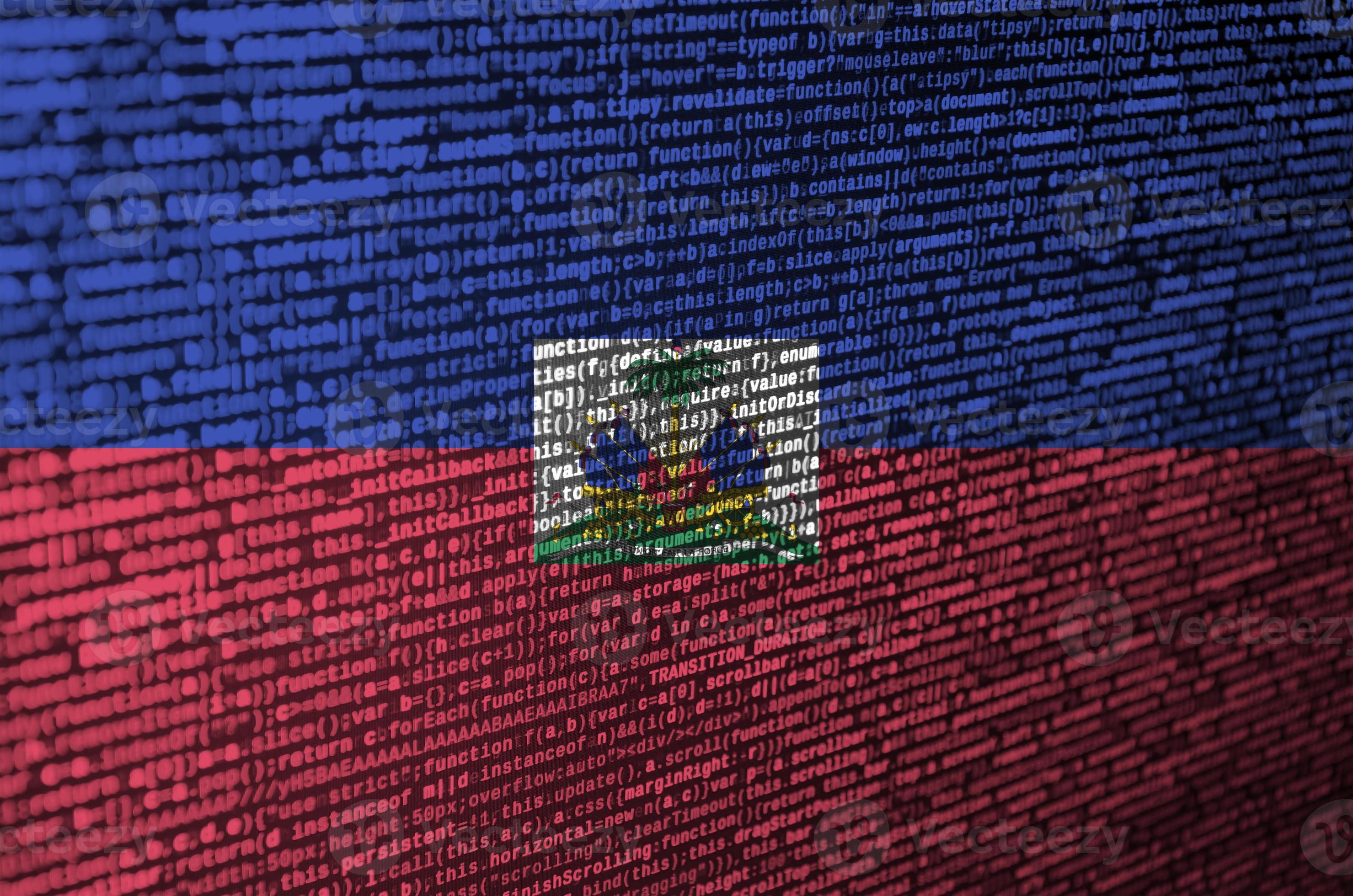 Haiti flag is depicted on the screen with the program code. The concept of modern technology and ...