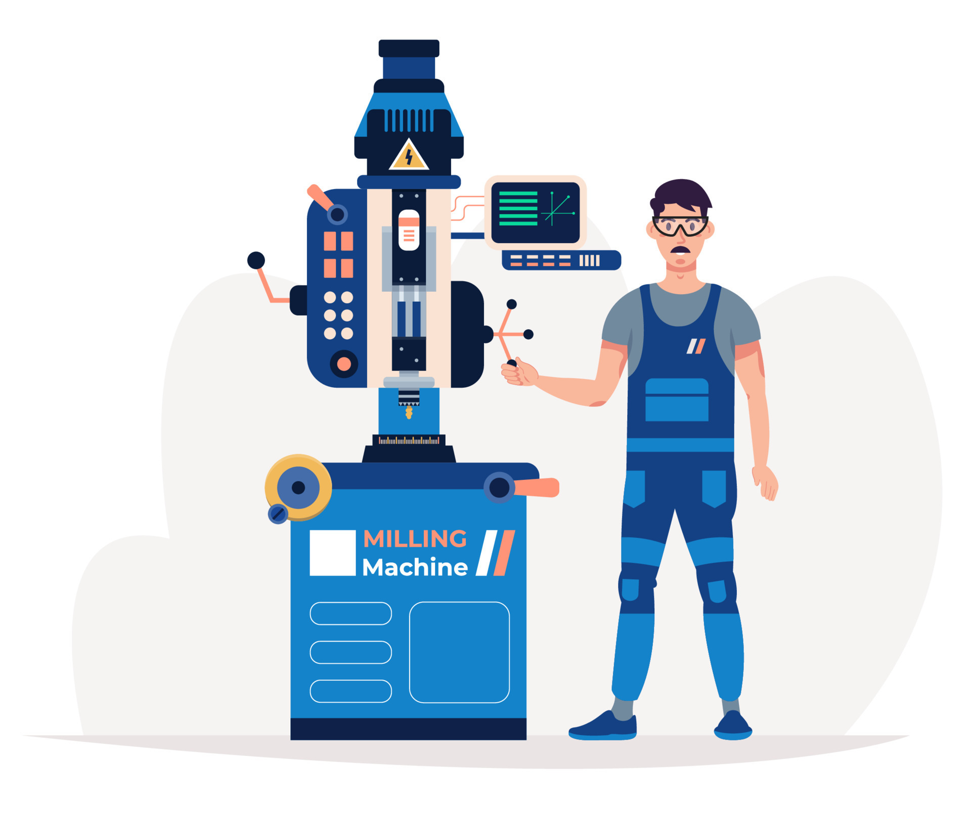 Milling machine and worker isolated. Factory equipment, manufacturing ... Milling machine and worker isolated. Factory equipment, manufacturing ...