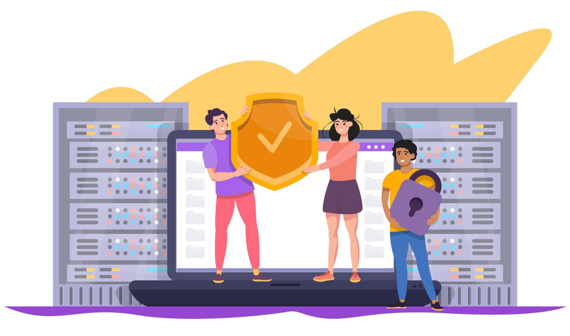Data Safety Concept Characters Holding Shield Protecting Account And Data On The Computer