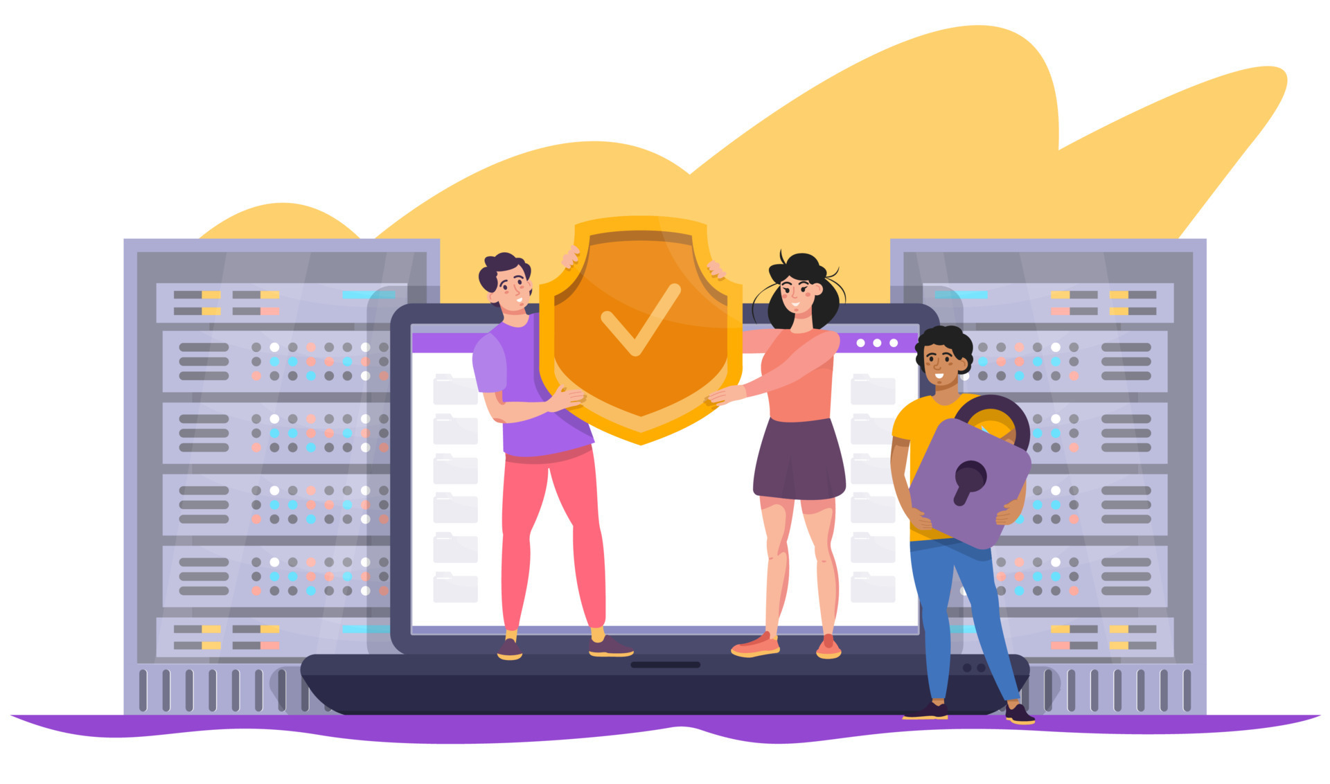 Data Safety Concept Characters Holding Shield Protecting Account And Data On The Computer