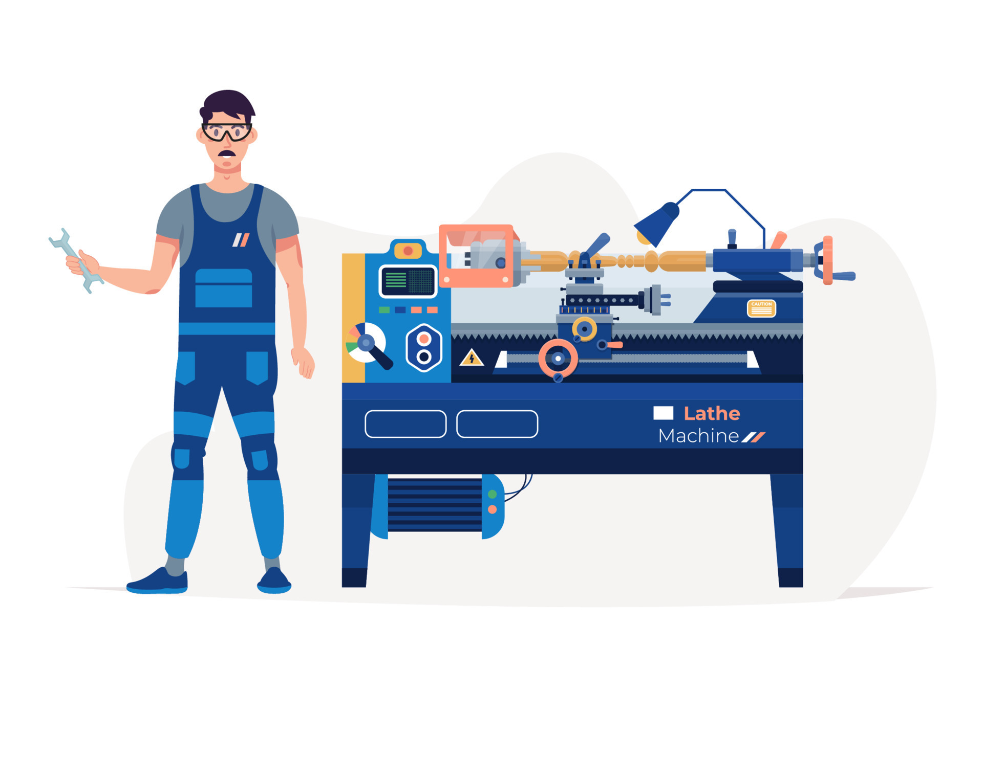 Lathe machine and worker isolated. Carpenter, turner working on the lathe machinery. Engineering ...