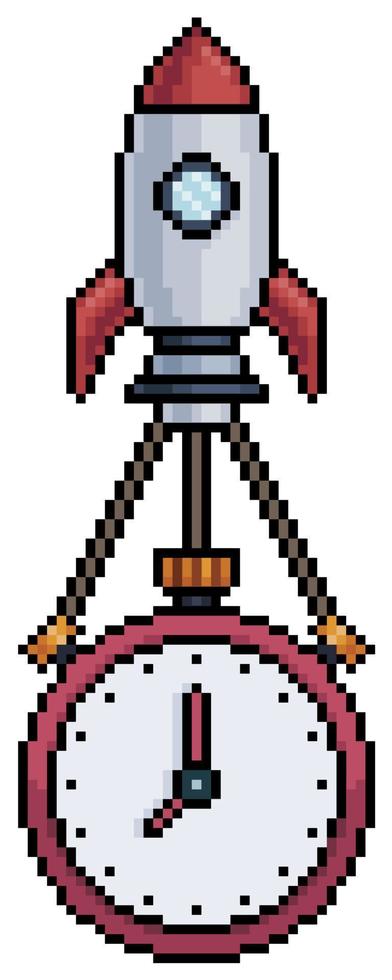 Pixel art rocket carrying clock, stopwatch, alarm clock vector icon for ...