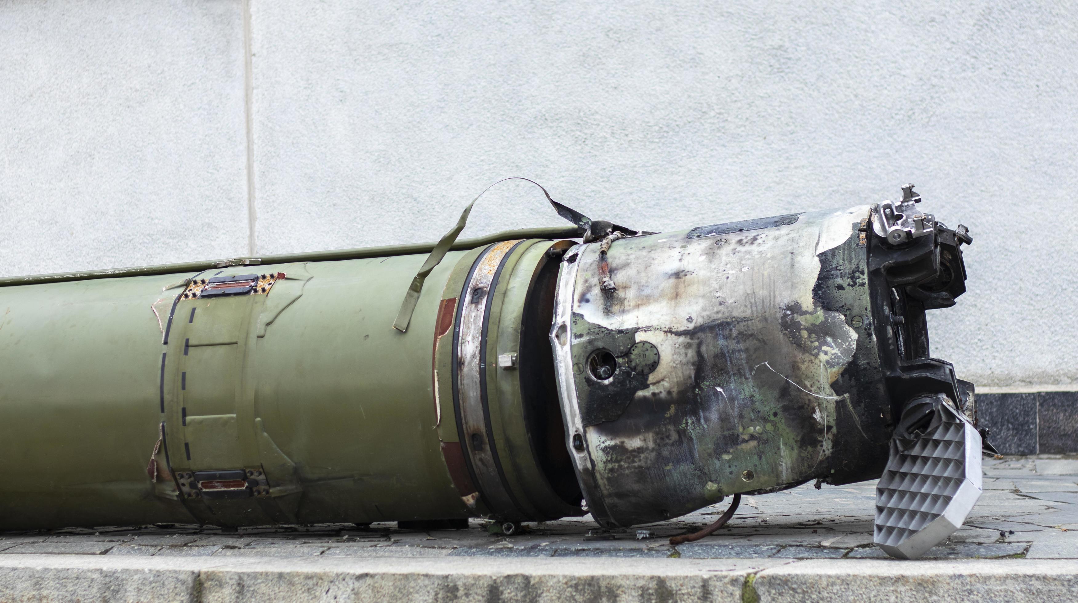 Parts of a tactical ballistic missile, OTR-21. Destroyed Russian military equipment. Spent ...