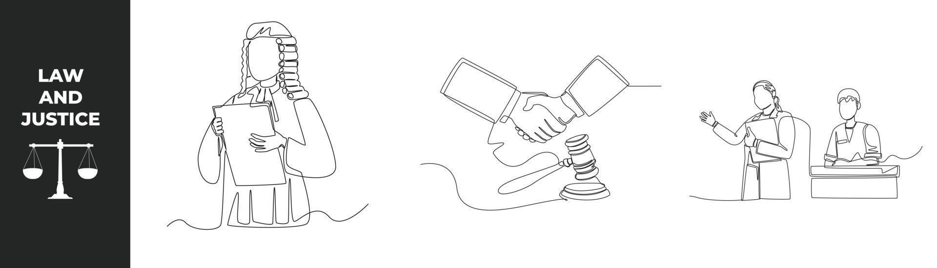 Single one line drawing law set concept. Female judge wearing a wig ... Single one line drawing law set concept. Female judge wearing a wig ...
