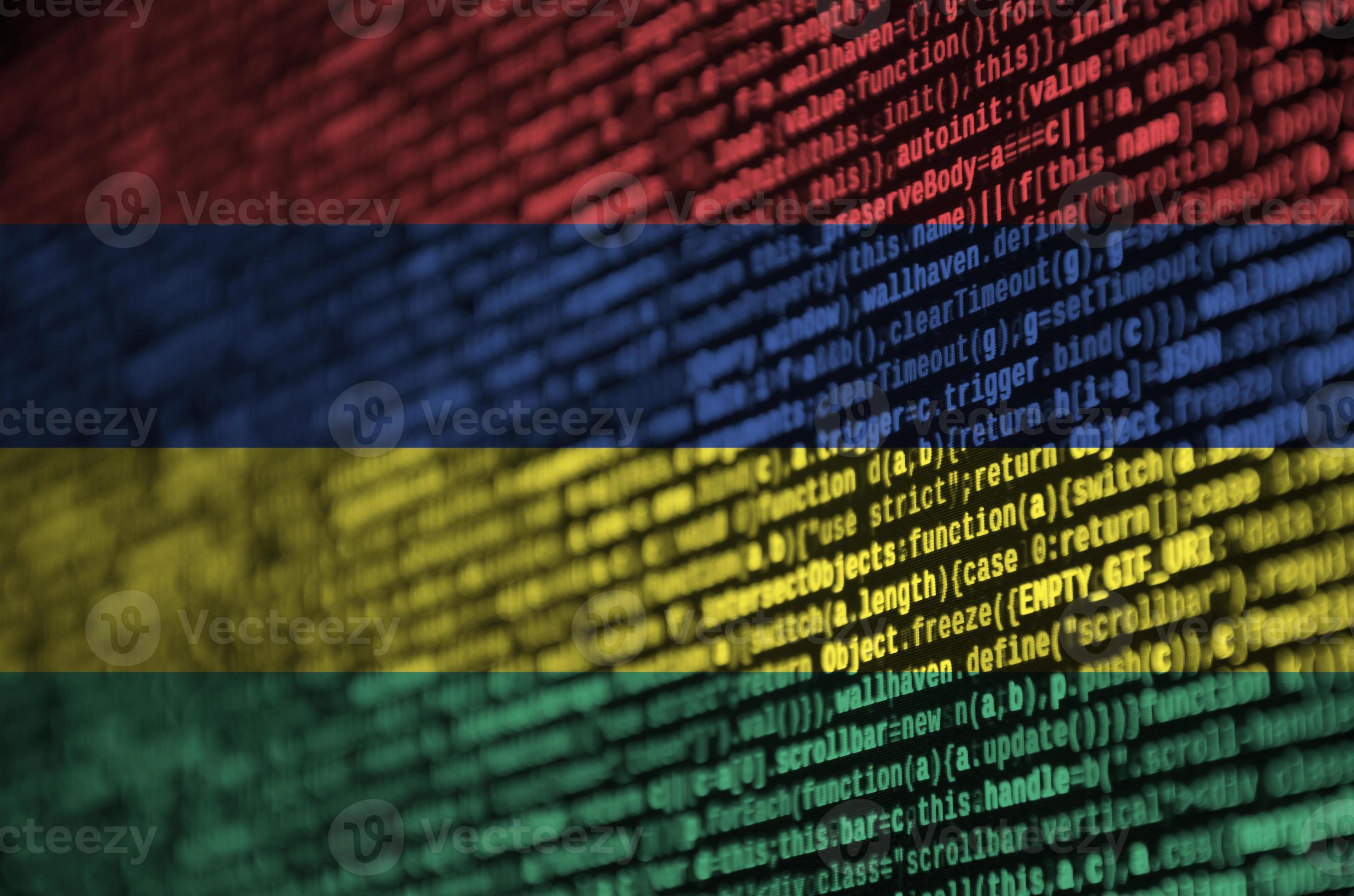 Mauritius flag is depicted on the screen with the program code. The concept of modern technology ...