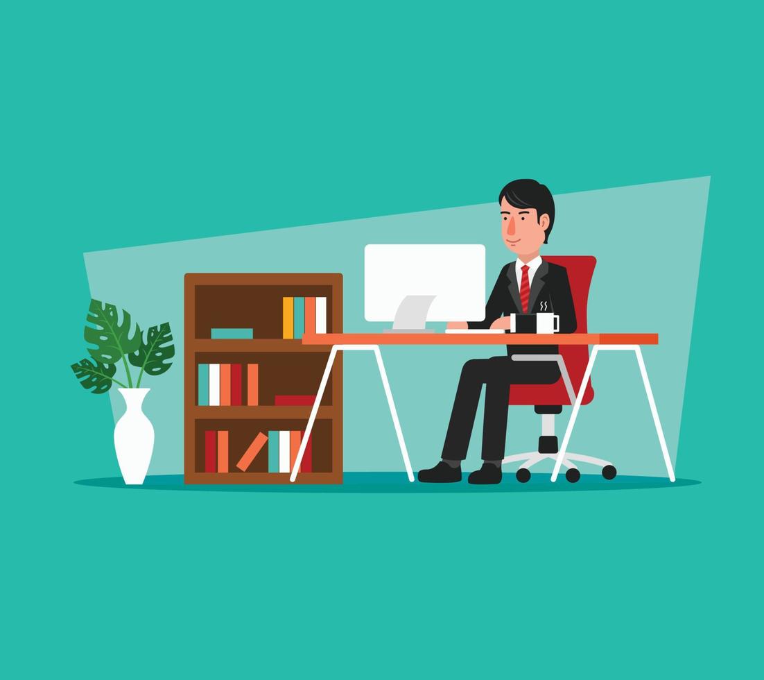 Businessman Working on Computer in Open Space Office 13996860 Vector ...