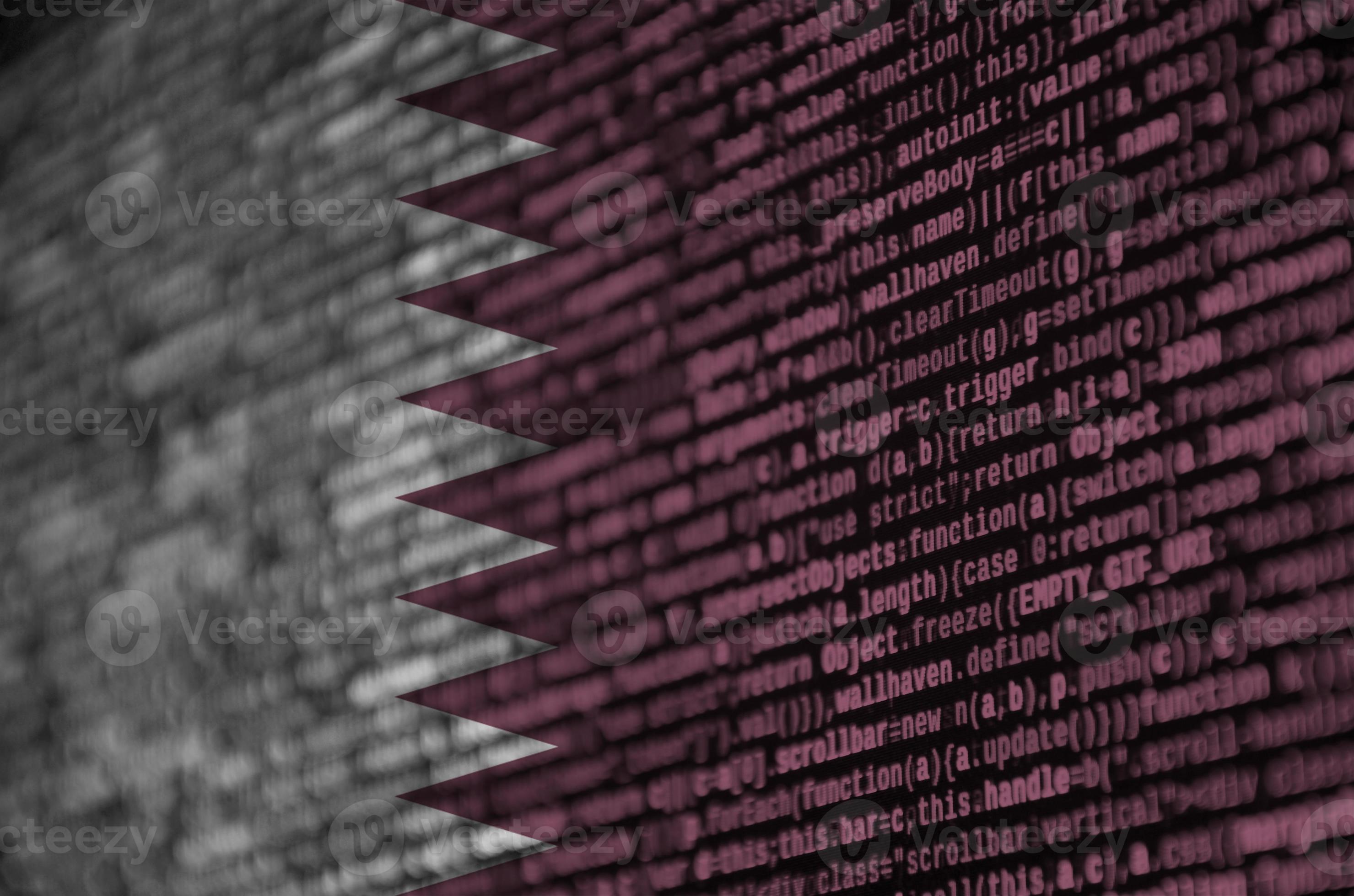Qatar flag is depicted on the screen with the program code. The concept of modern technology and ...