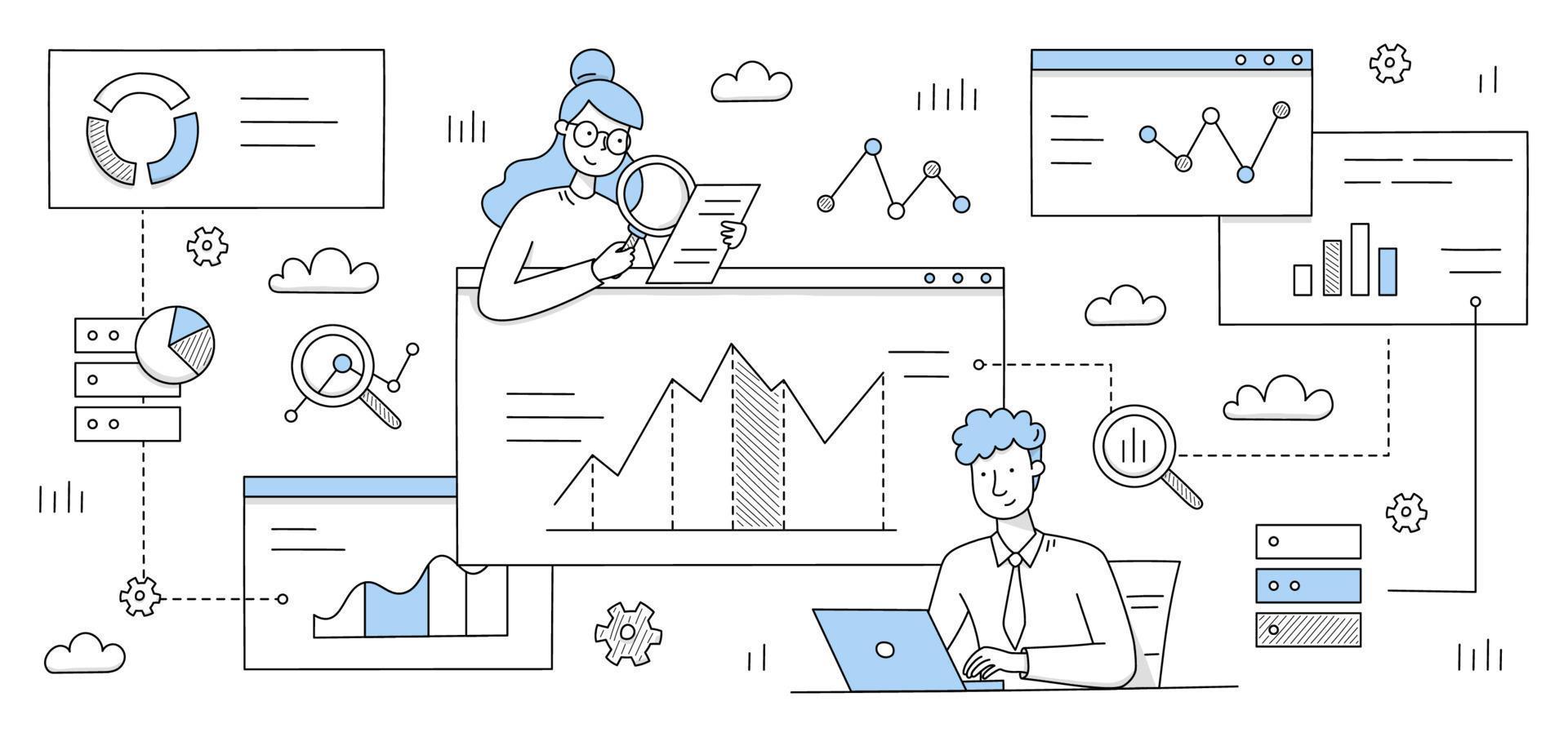 People work with data analysis research 13997892 Vector Art at Vecteezy