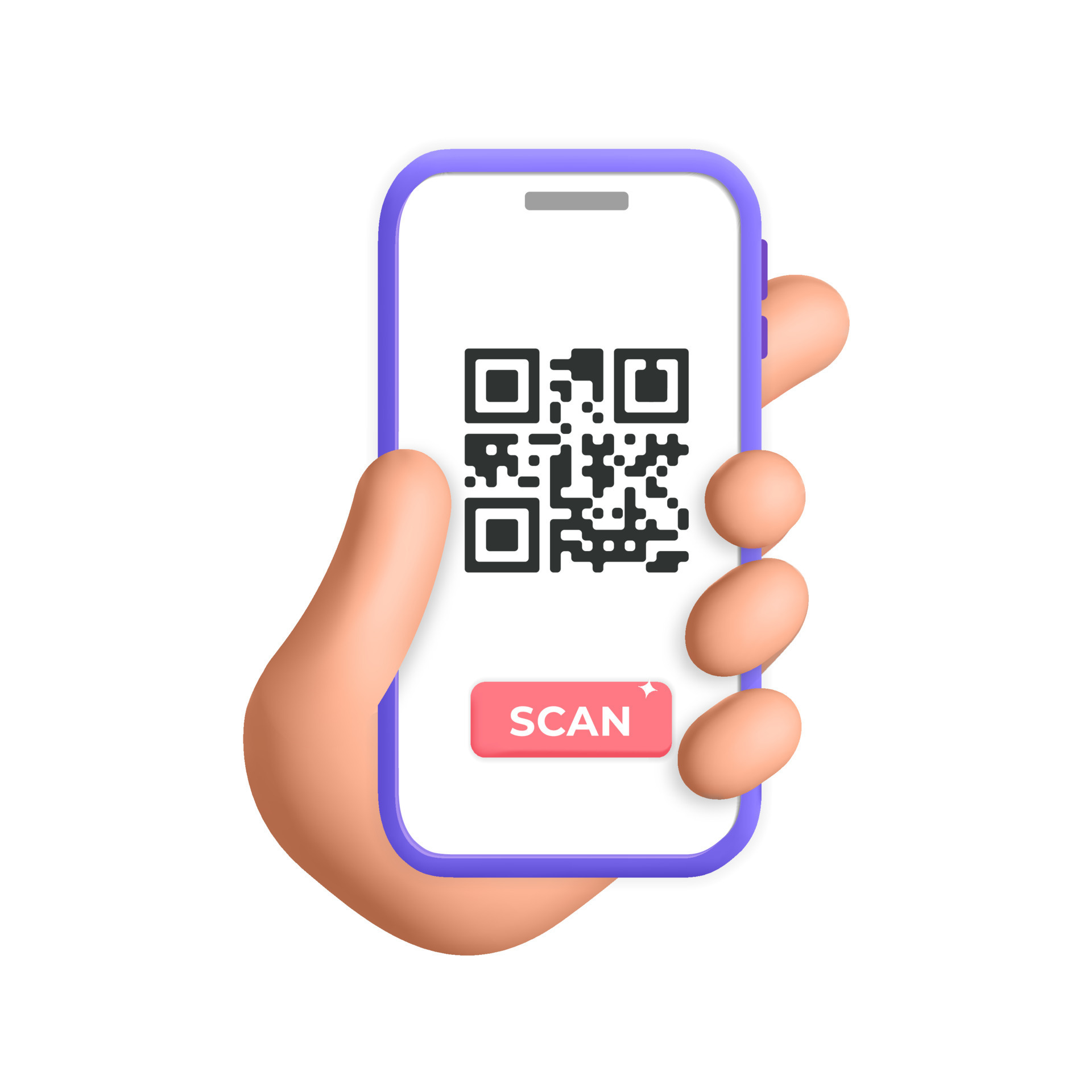 3d vector female hand holds smartphone with mobile app scan QR code ...