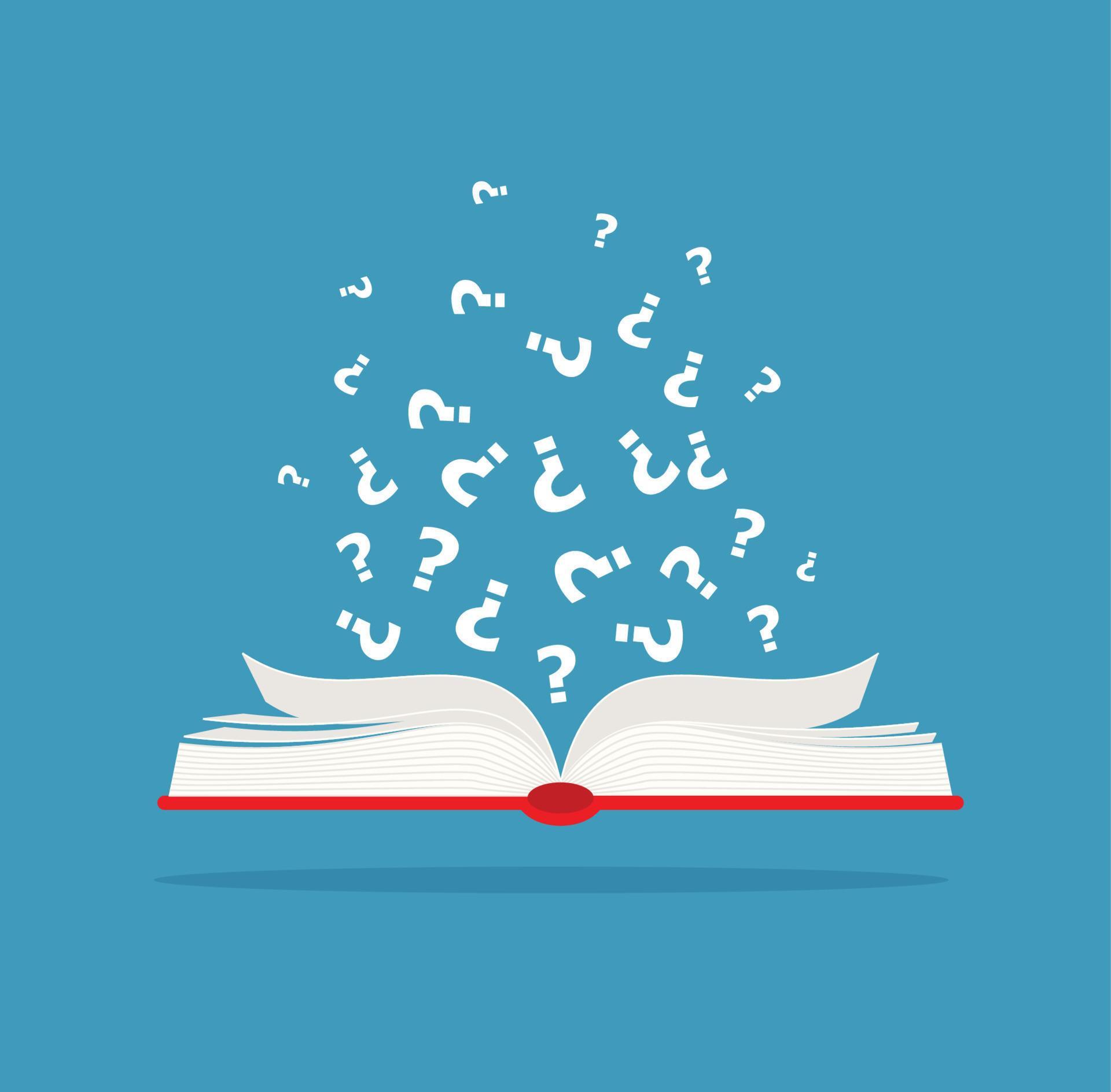 Open black book with black question marks flying out. Isolated on white ...