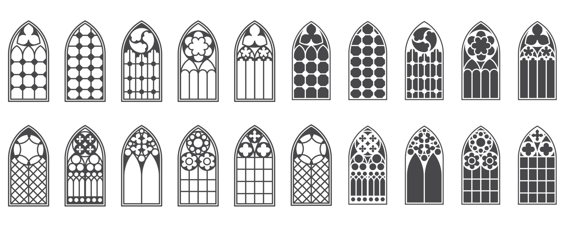 Church windows set. Silhouettes of gothic arches in line and glyph ... Church windows set. Silhouettes of gothic arches in line and glyph ...