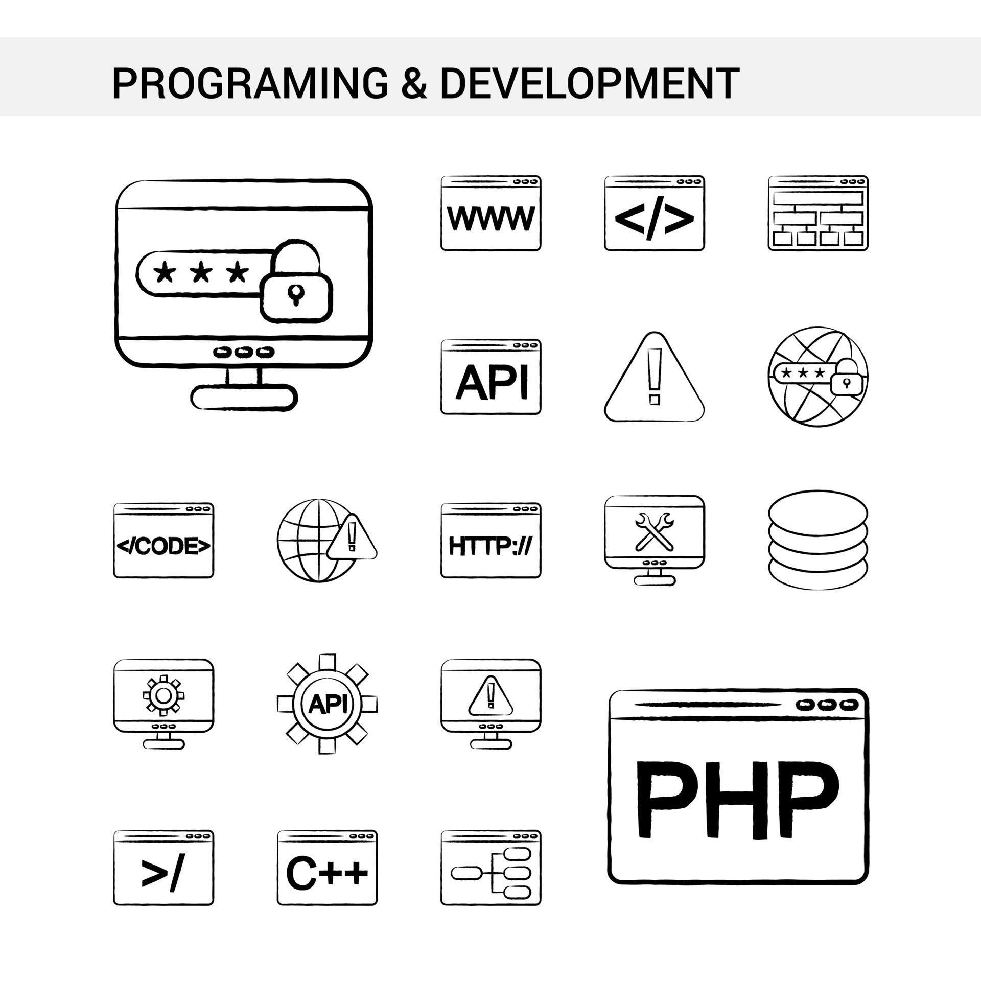 Programming and Developement hand drawn Icon set style isolated on ...