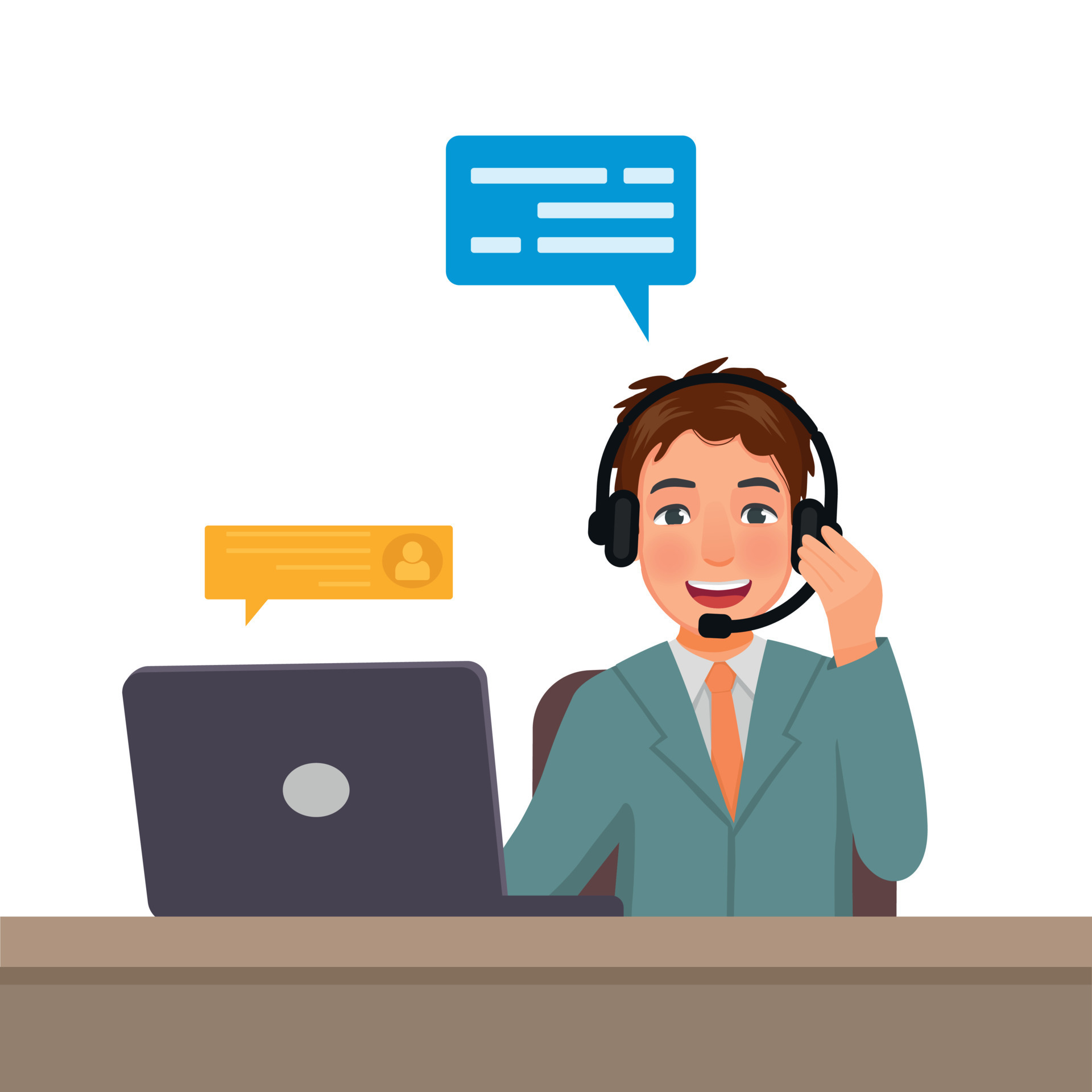 Young man operator customer service working in call centre talking with customer with headset ...