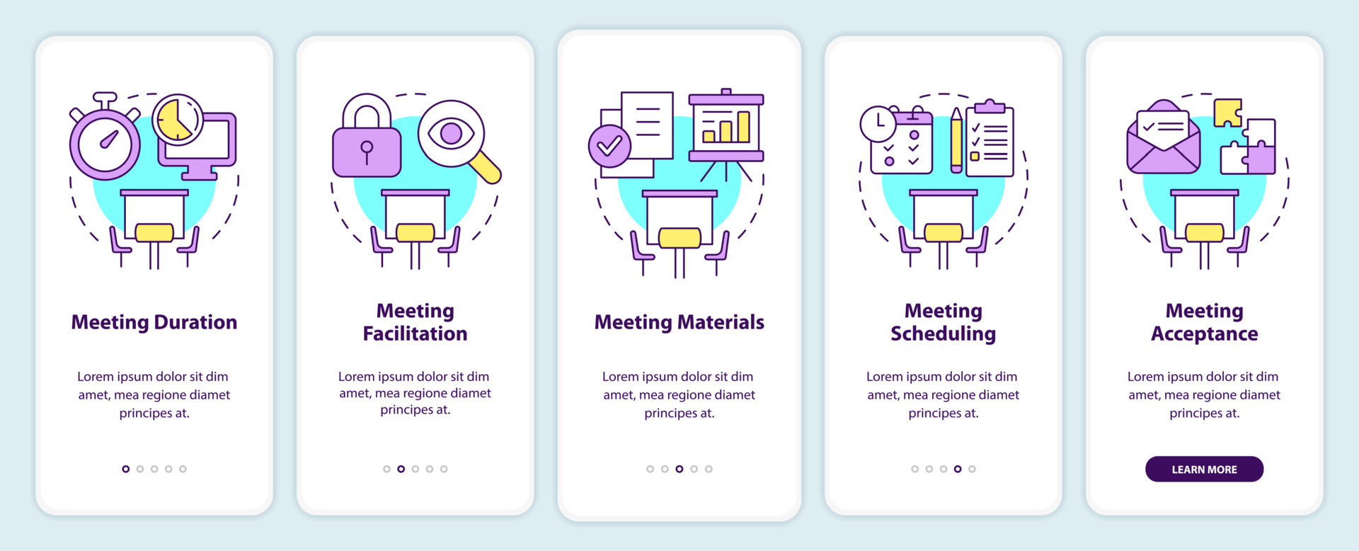 Meeting Norms Onboarding Mobile App Screen Business Conference Walkthrough 5 Steps Editable