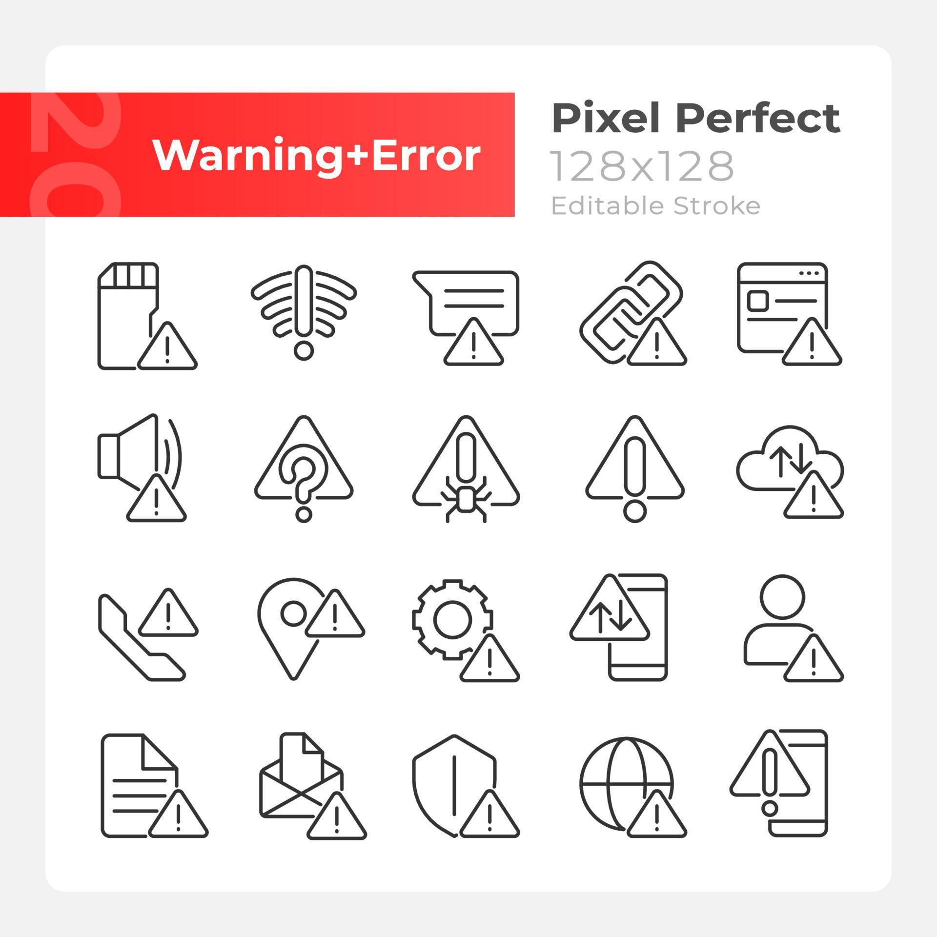 Warning signals pixel perfect linear icons set. Problem and issue. Electronic device breakage ...