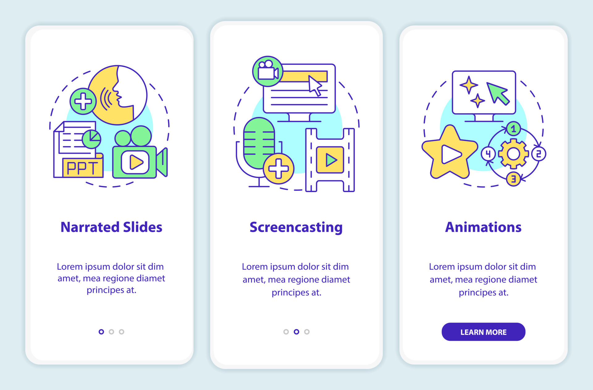 Online Video Methods Onboarding Mobile App Screen Walkthrough 3 Steps Editable Graphic