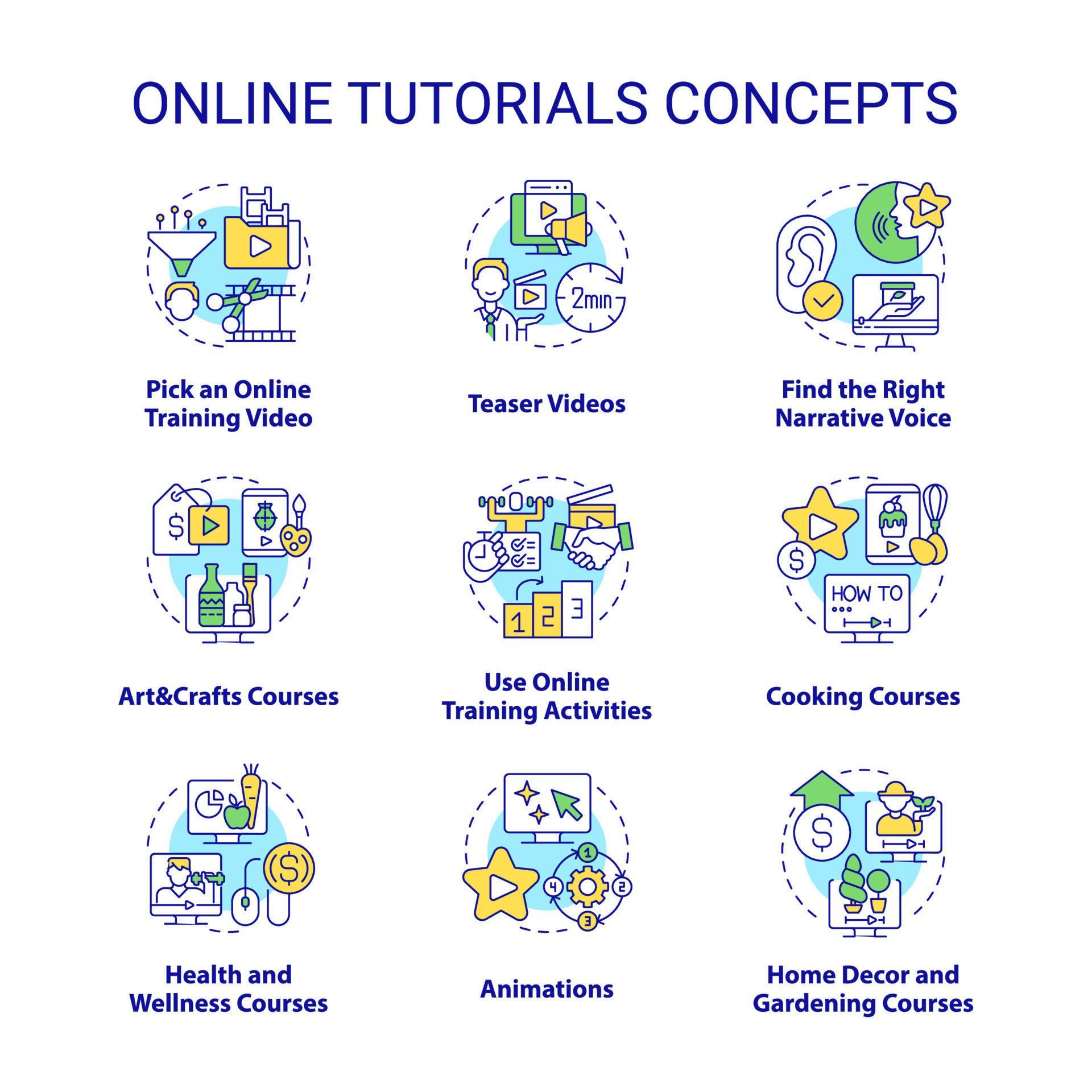 Online tutorials concept icons set. Distant learning. Virtual education ...