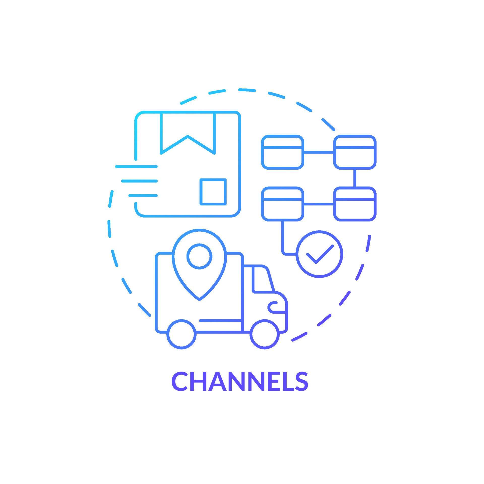 Channels blue gradient concept icon. Product management instruments. Business model canvas ...