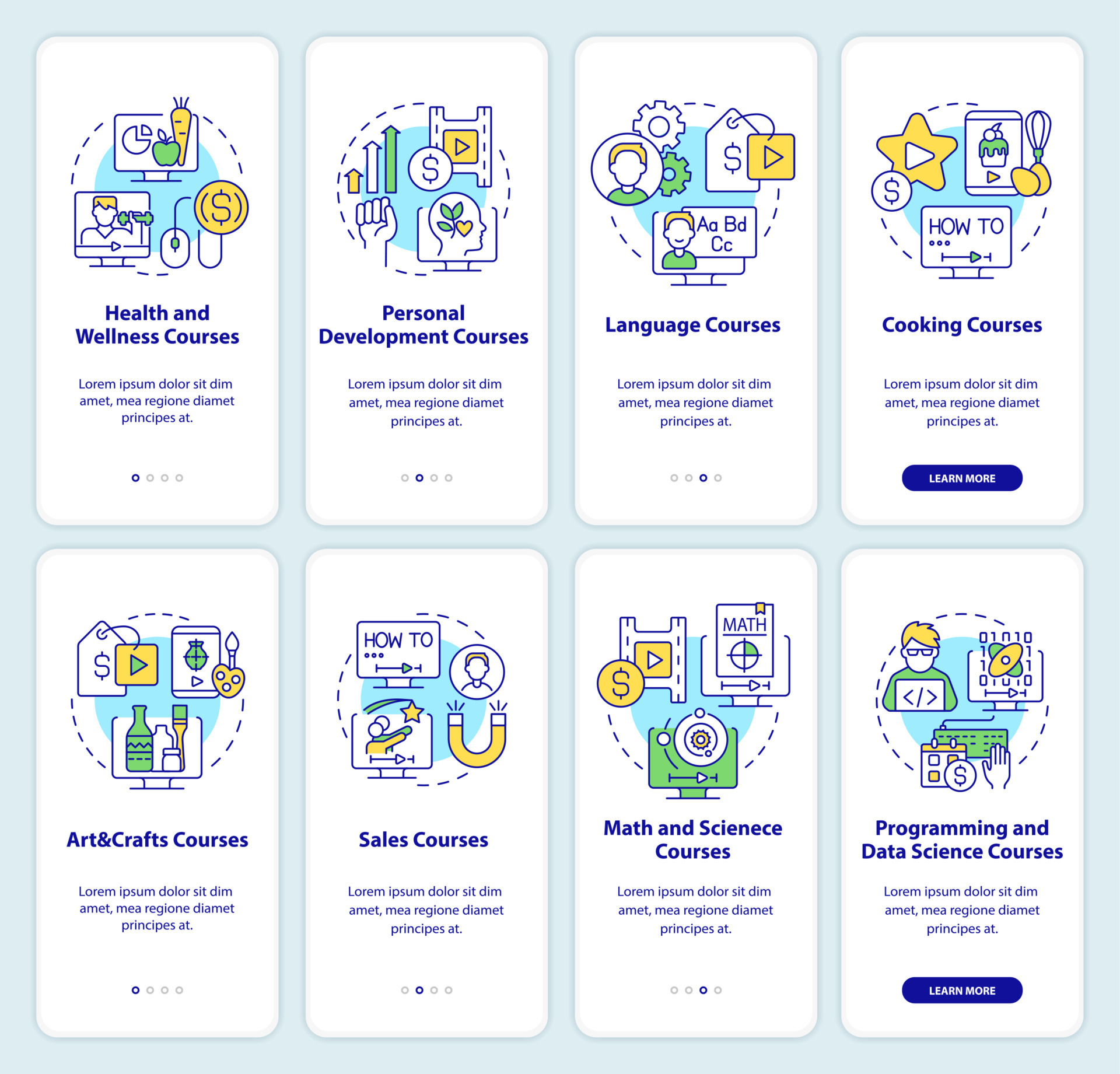 Online Education Fields Onboarding Mobile App Screen Set Walkthrough 4 Steps Editable Graphic