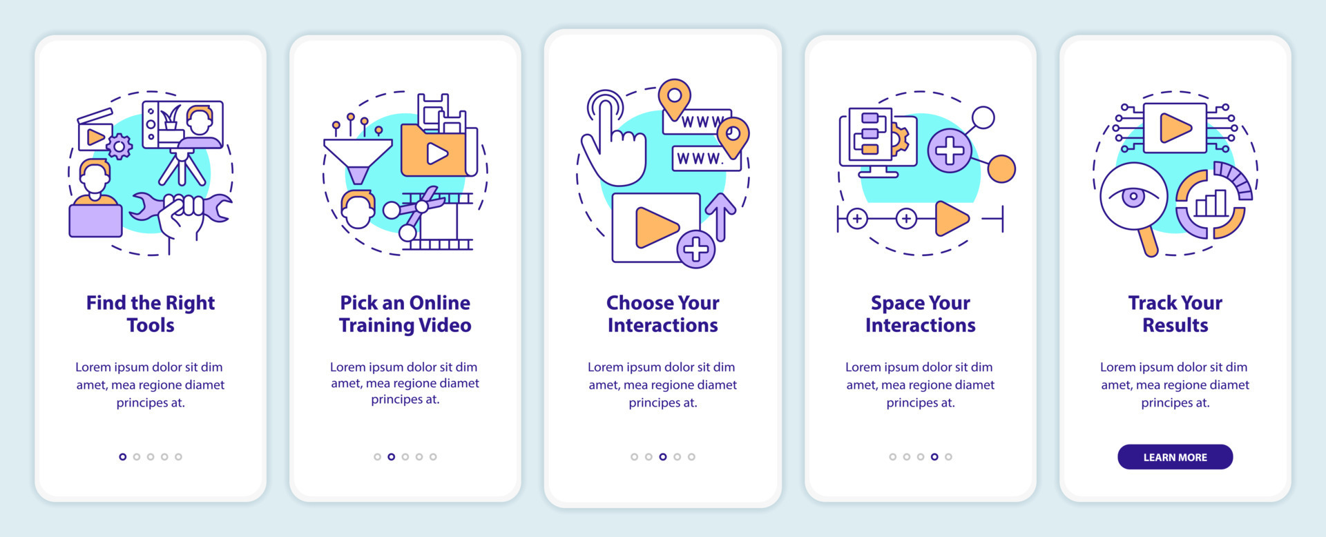 Creating Educational Video Onboarding Mobile App Screen Walkthrough 5 Steps Editable Graphic