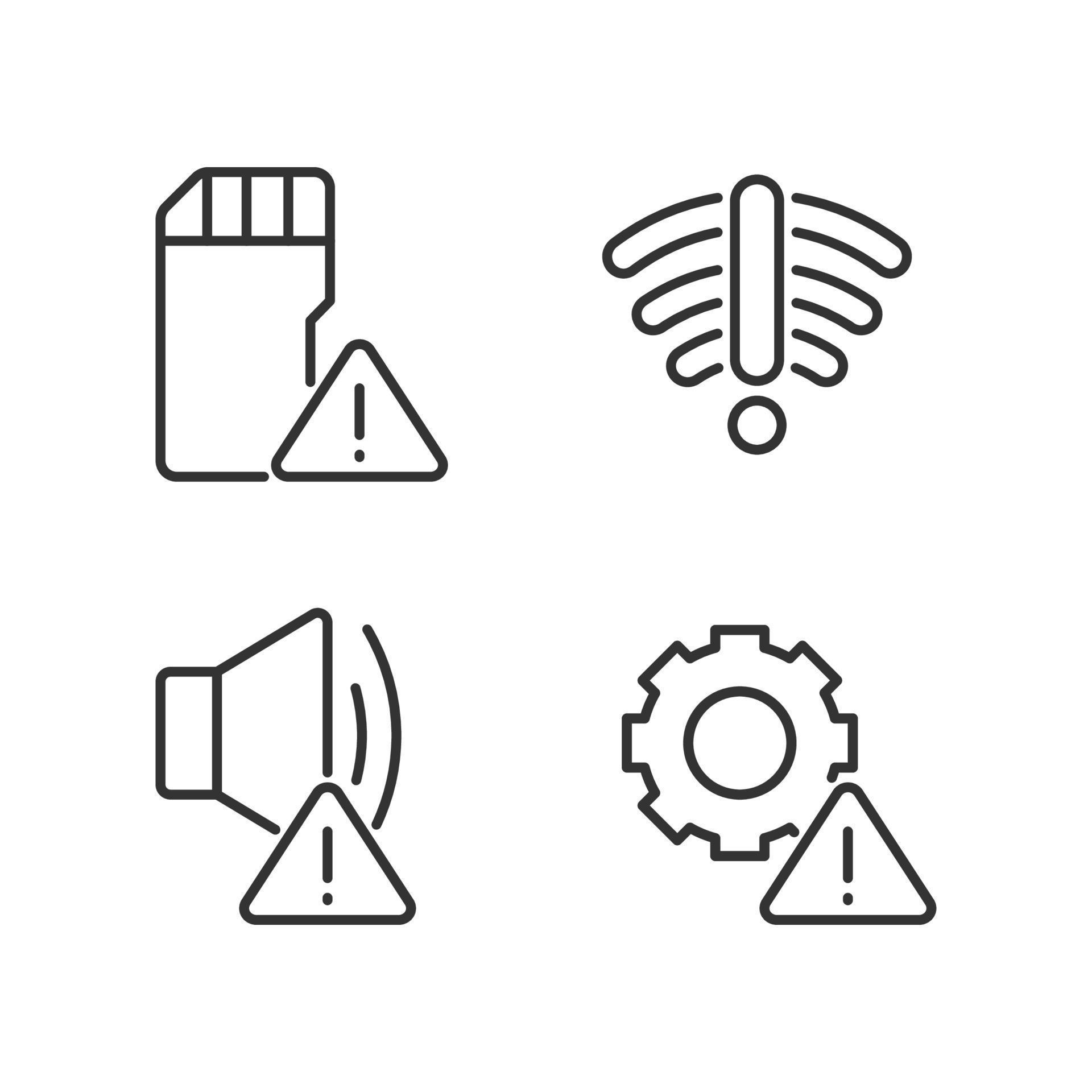 Hardware issues pixel perfect linear icons set. Settings problem. Sound device breakdown ...