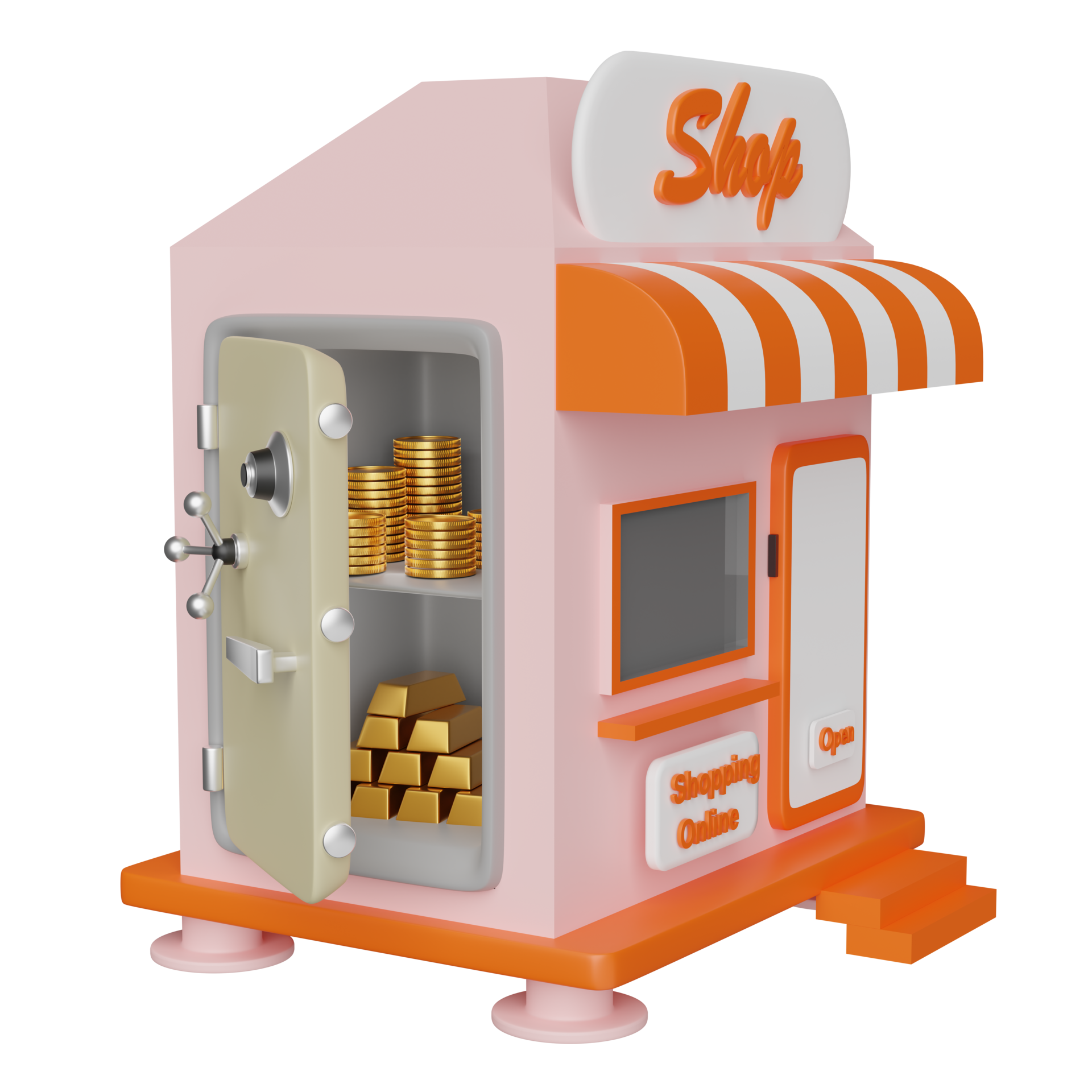 loja de frente com celular laranja ou smartphone, carrinho de compras, cofre, dinheiro isolado ...