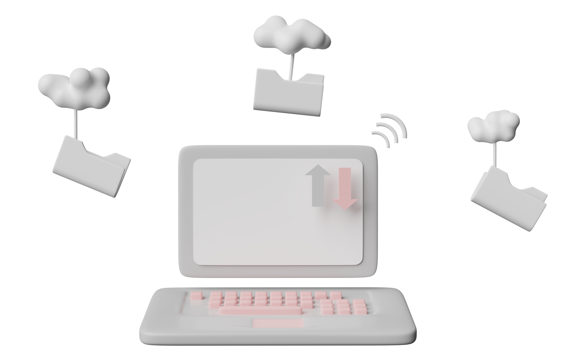 cloud folder icon with laptop computer, wifi isolated. cloud storage download, data transfering ...