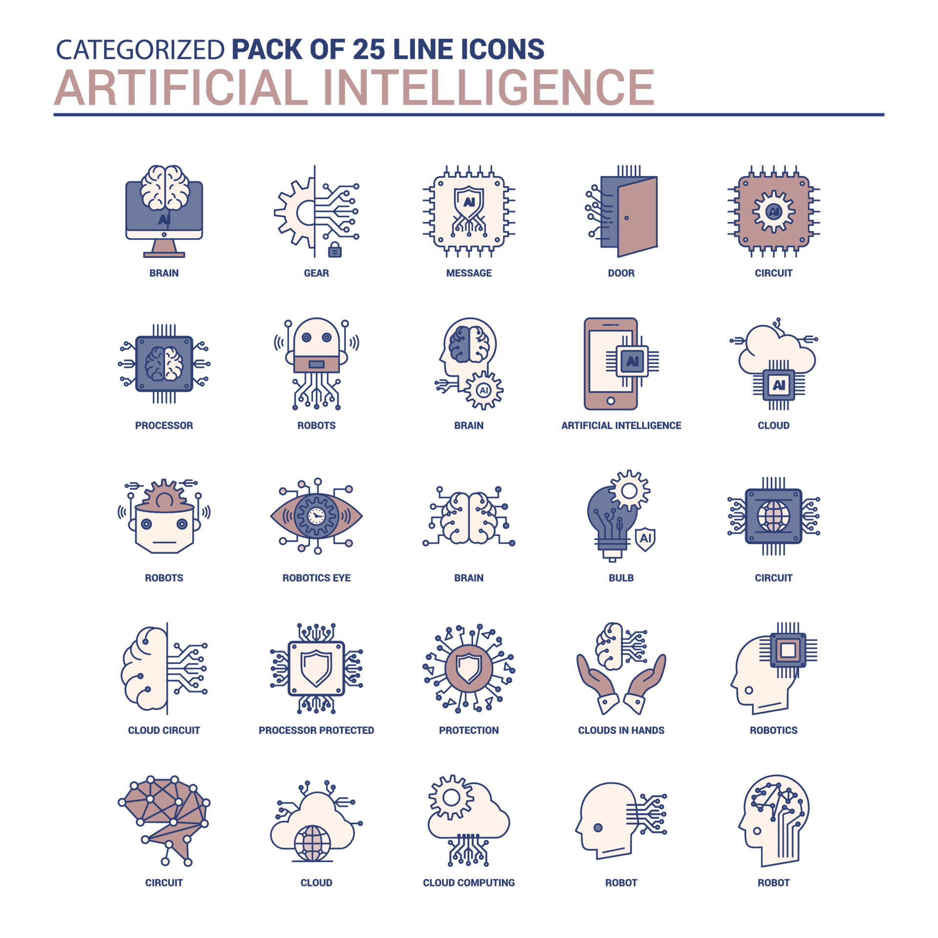 Vintage Artificial Intelligence Icon Set 25 Flat Line Icon Set 14037050