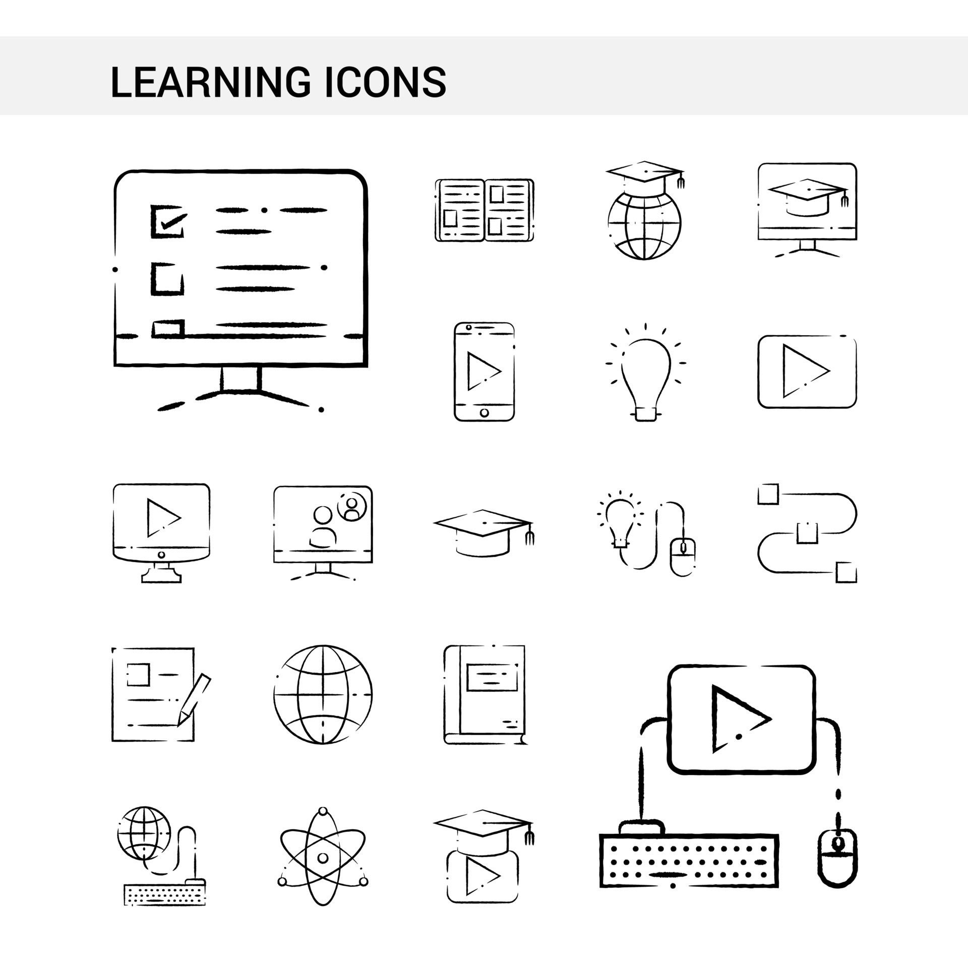 Learning icons hand drawn Icon set style isolated on white background ...
