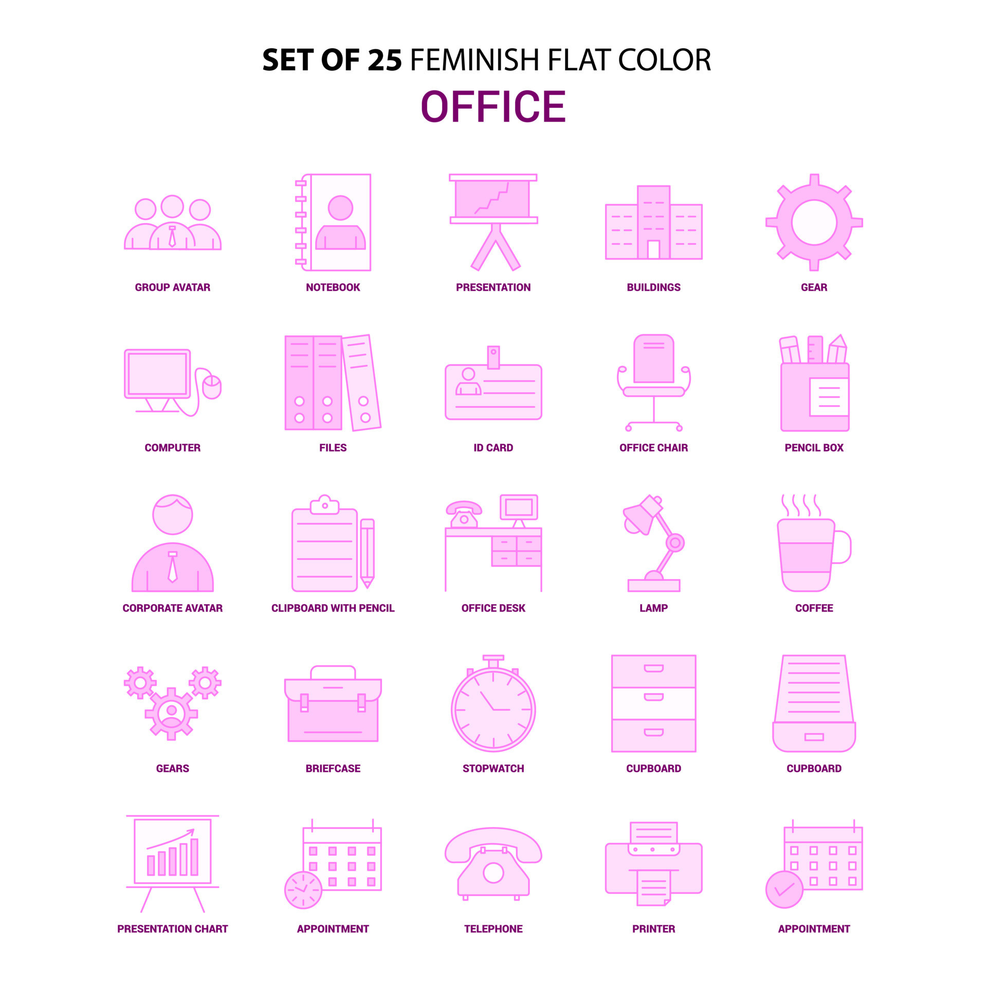 Set of 25 Feminish Office Flat Color Pink Icon set 14040241 Vector Art ... Set of 25 Feminish Office Flat Color Pink Icon set 14040241 Vector Art ...