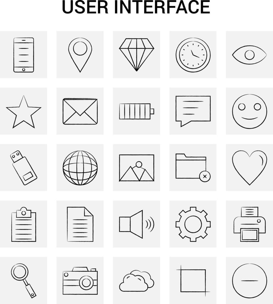 25 Hand Drawn User Interface Icon Set Gray Background Vector Doodle