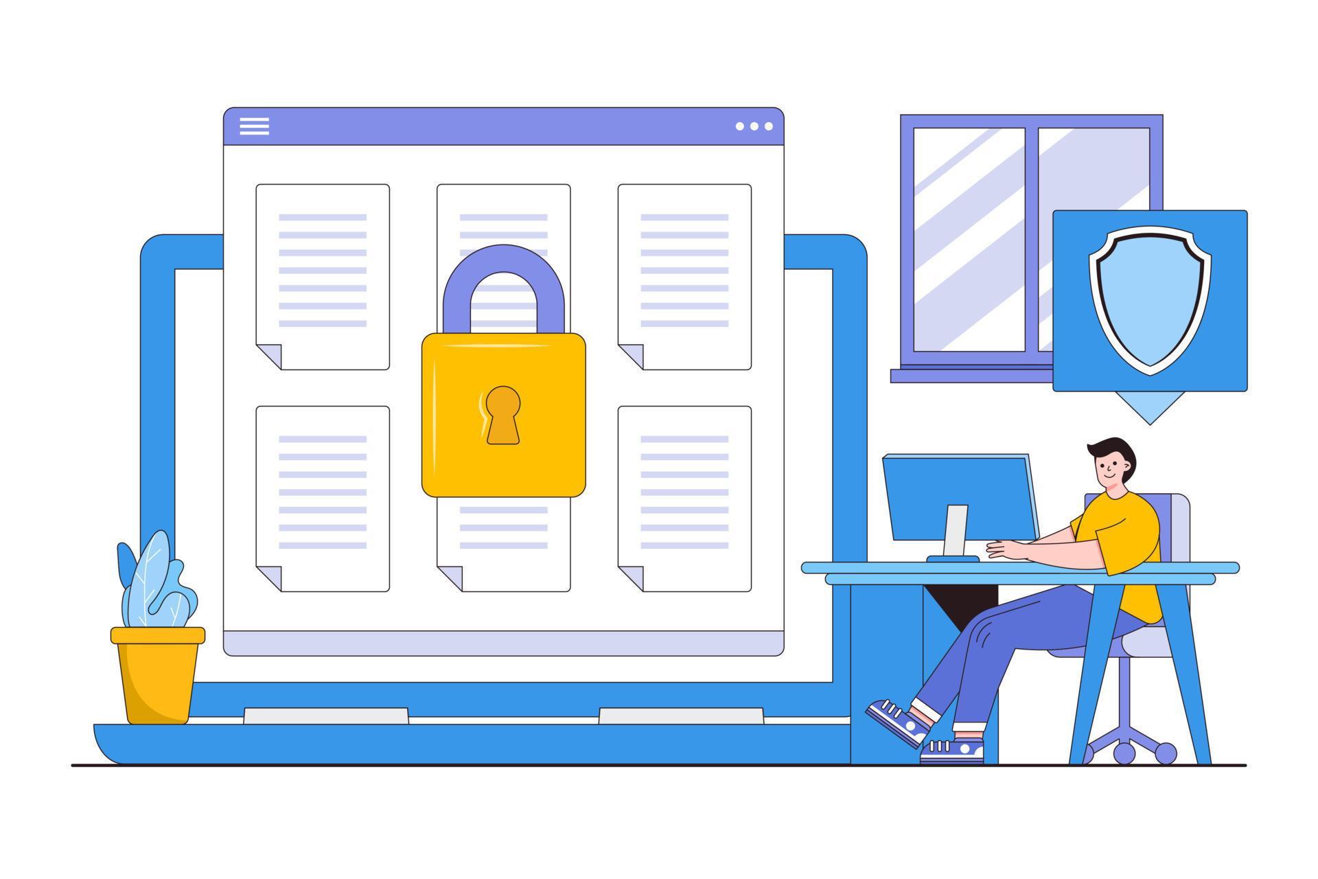 Flat Secure Login Concept With People Characters Outline Design Style Minimal Vector
