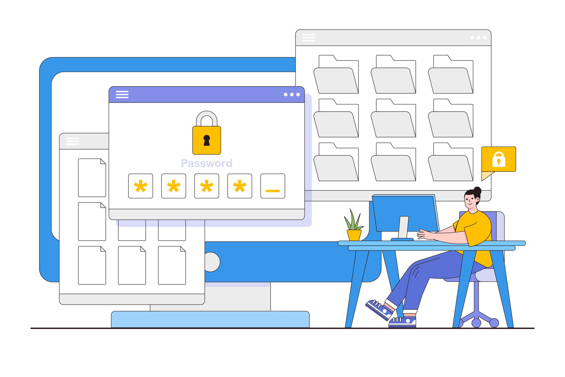Flat Secure Login Concept With People Characters Outline Design Style Minimal Vector