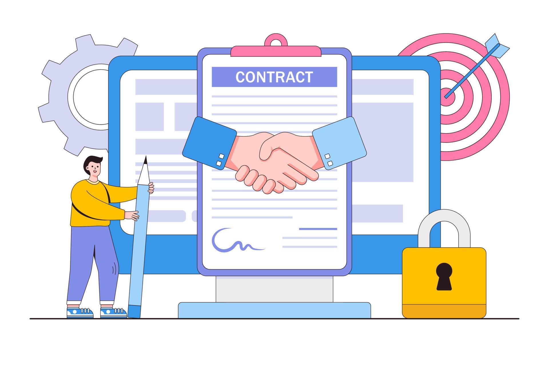 Flat Electronic Contract With People Characters Concept Outline Design Style Minimal Vector