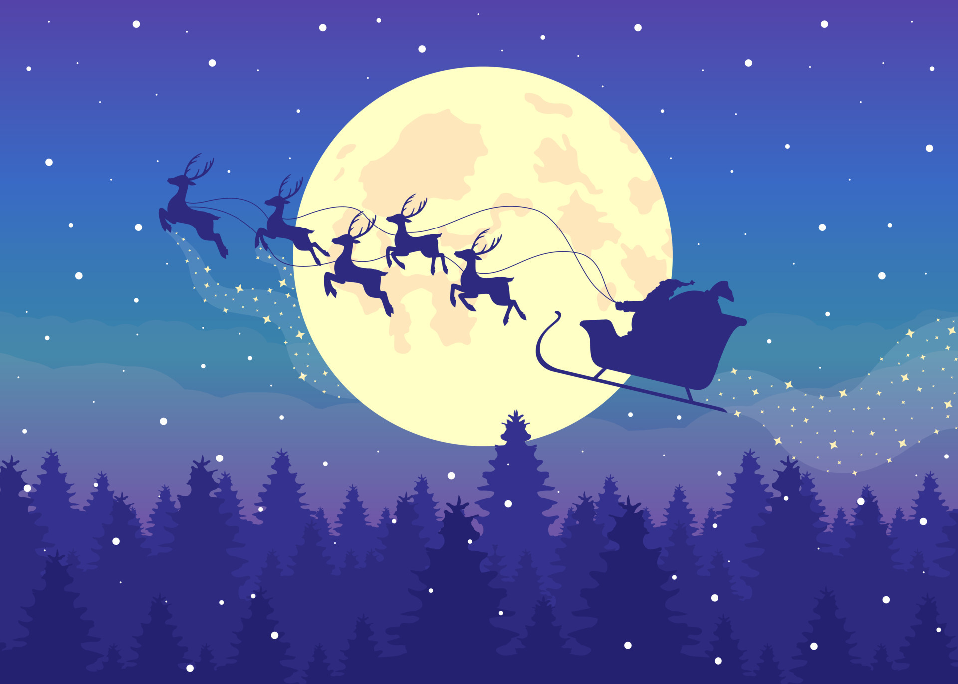 Santa Sleigh With Reindeers Silhouette On Night Sky Flat Color Vector