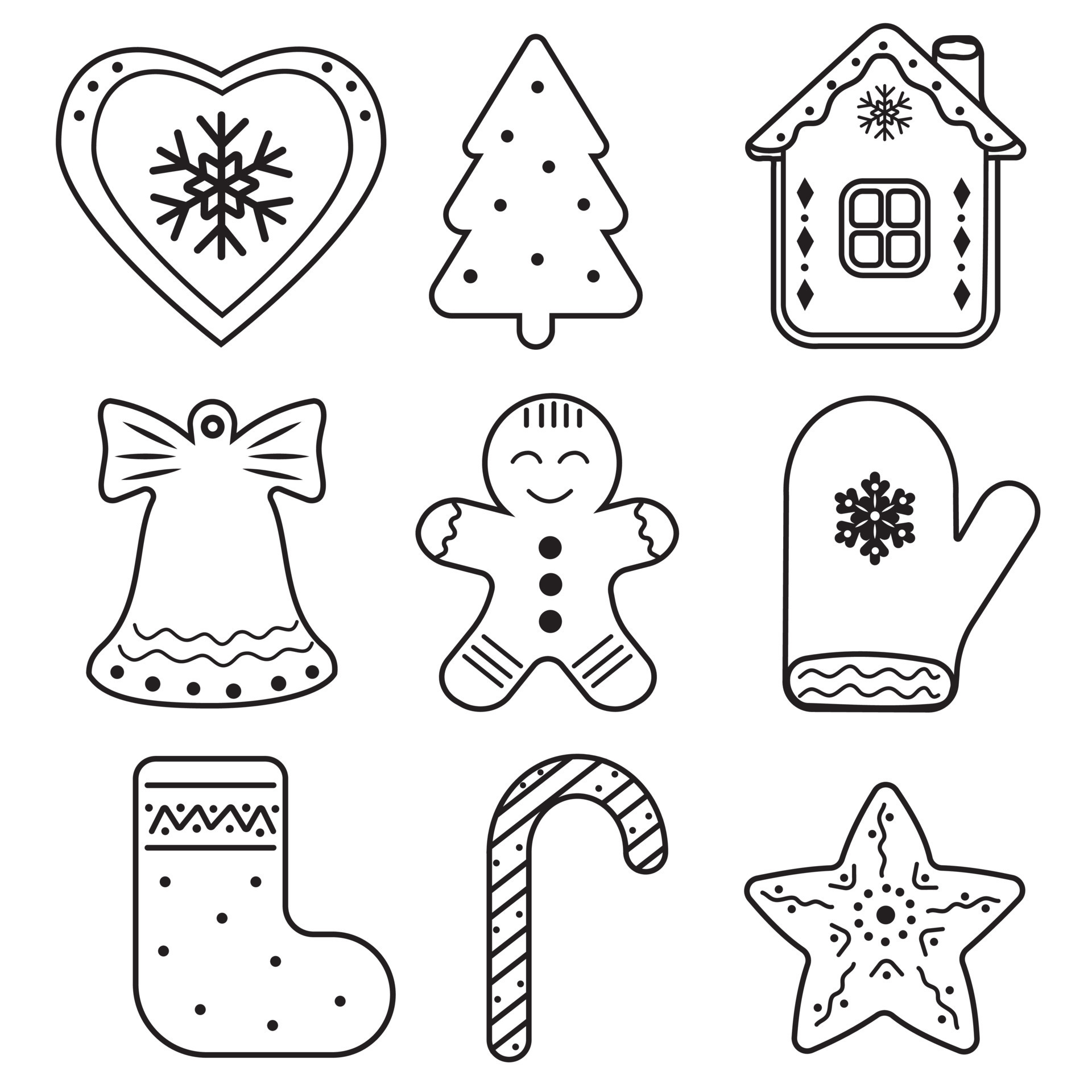 Set of Christmas Ginger cookies, black outline, vector illustration ...
