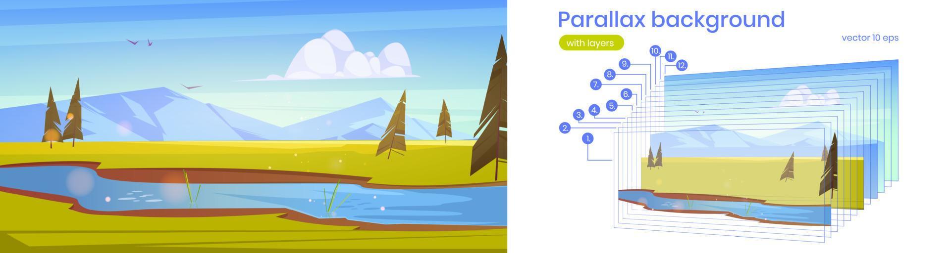 Parallax background with river and mountains 14070938 Vector Art at ...