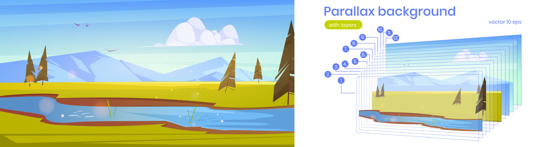 Parallax background with river and mountains 14070938 Vector Art at ...