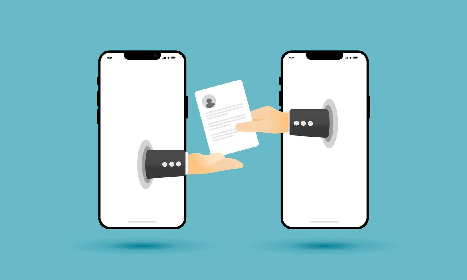 Transfer data between smartphones. Sending data information on internet with smartphones ...