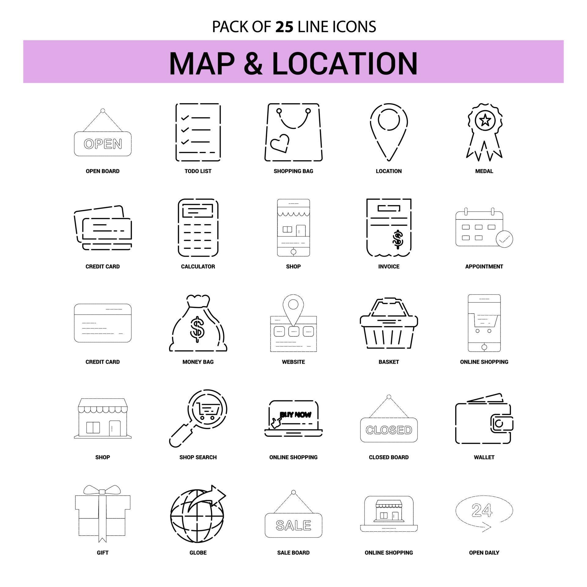 Map and Location Line Icon Set 25 Dashed Outline Style 14144292 Vector ...