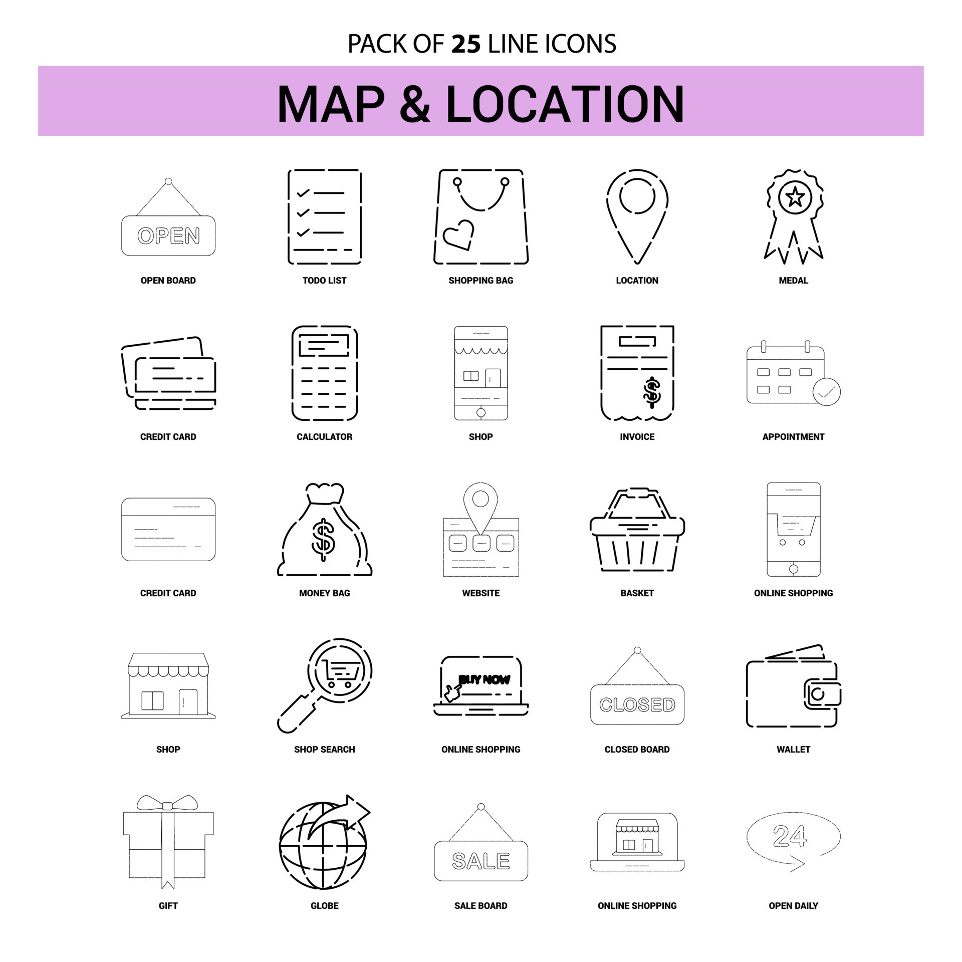 Map And Location Line Icon Set 25 Dashed Outline Style 14144292 Vector