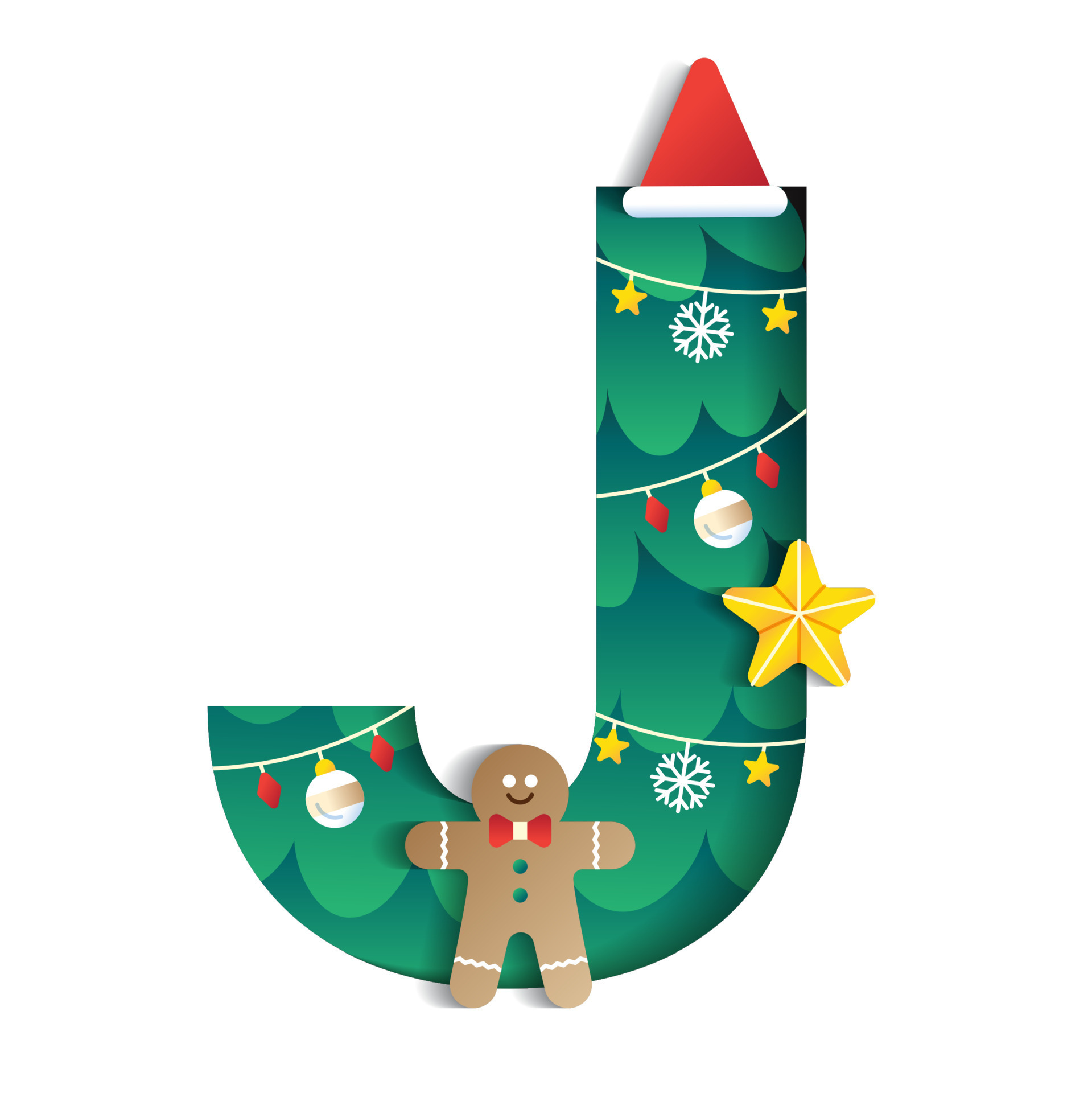 Letter J Alphabet Font Cute Merry Christmas Concept Gingerbread Man Star Christmas Hat Christmas ...