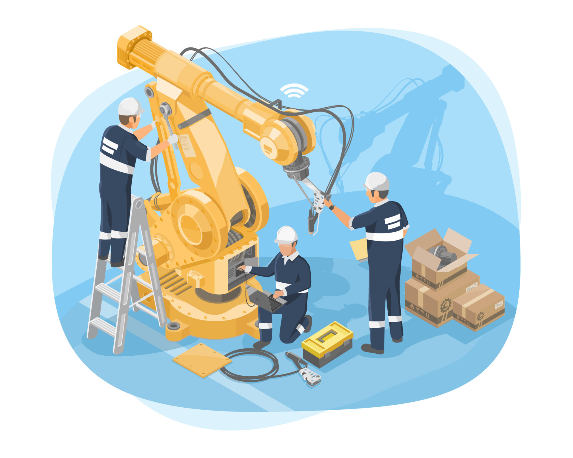 Machine installation and maintenance concept robot arm isometric for ... Machine installation and maintenance concept robot arm isometric for ...