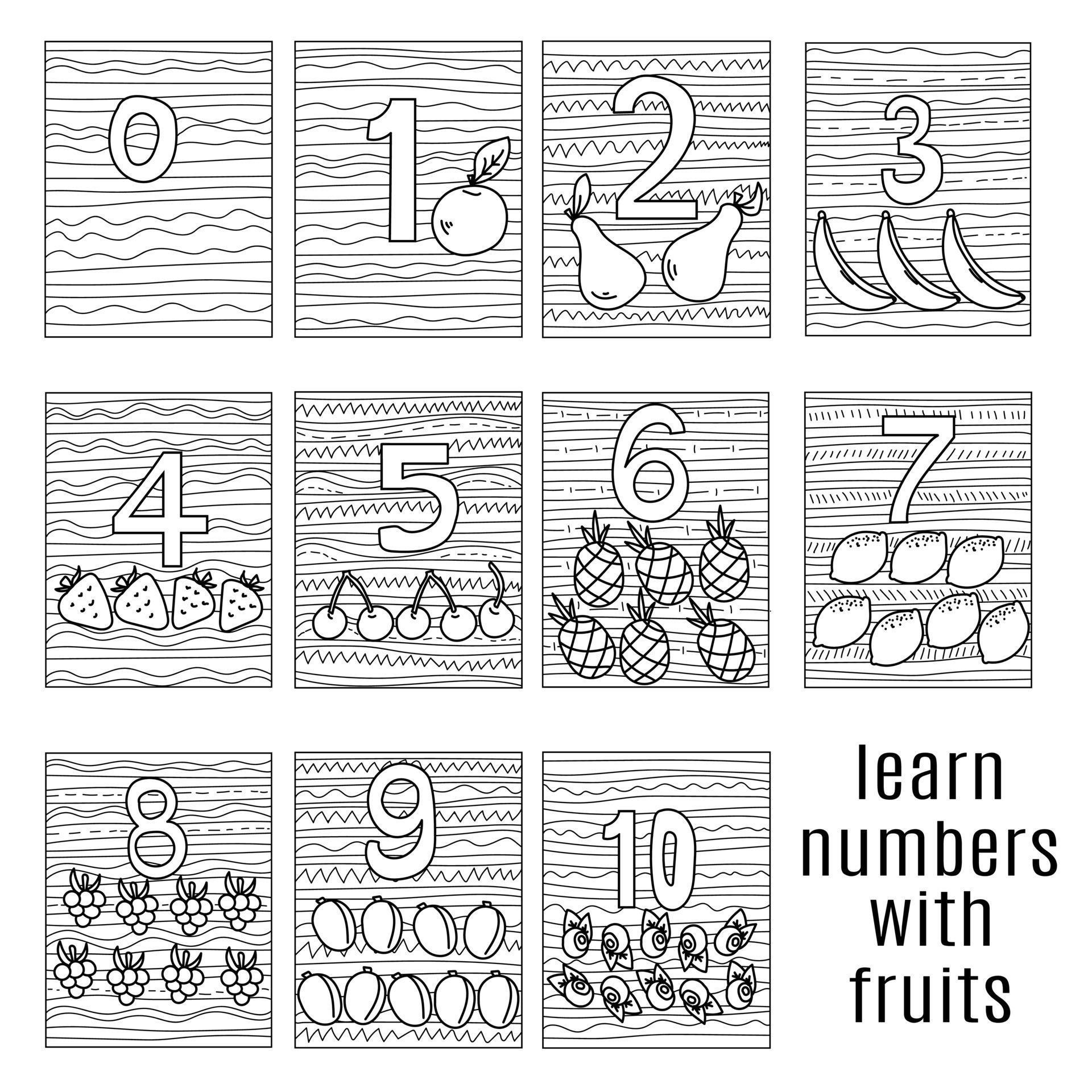 learn numbers using fruits, a set of coloring pages from zero to ten ...