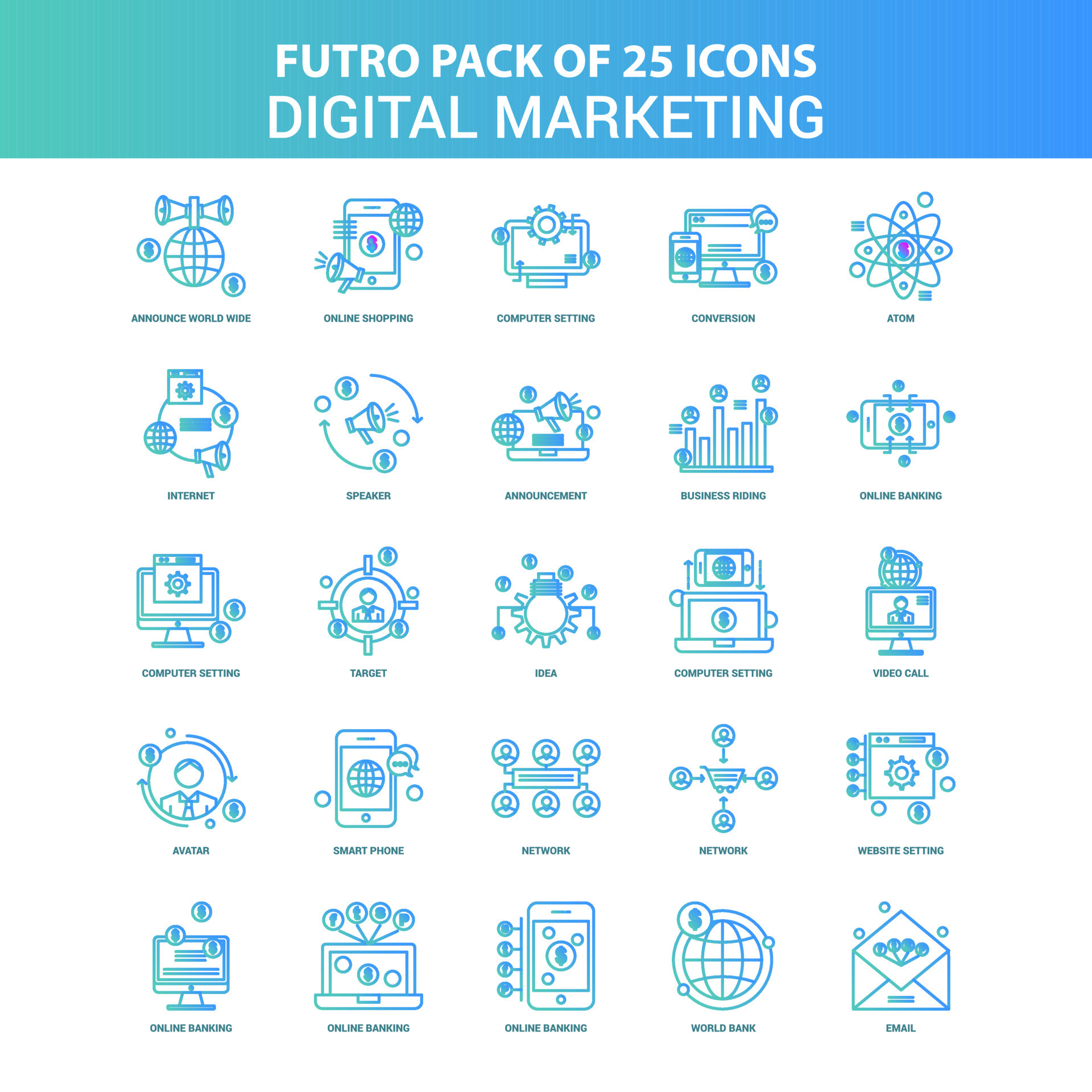 25 Green and Blue Futuro Digital Marketing Icon Pack 14161248 Vector ...