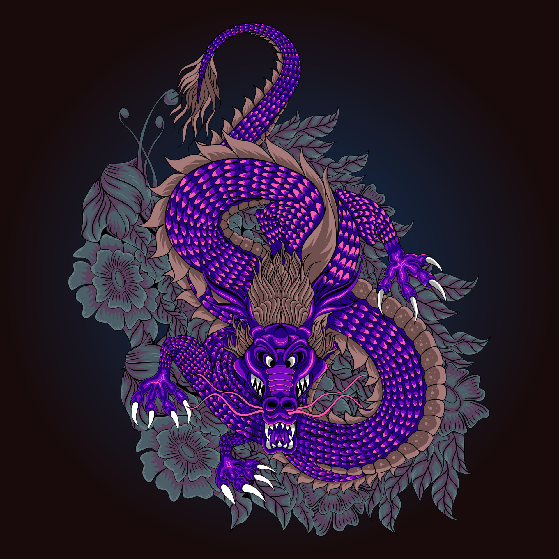 Vector design illustration of oriental dragon wrapped in flowers ...